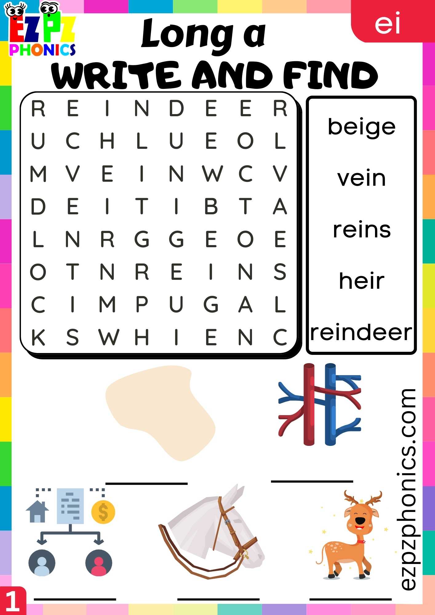 EI Words Write And Find Long A Phonics Worksheet - ezpzphonics.com