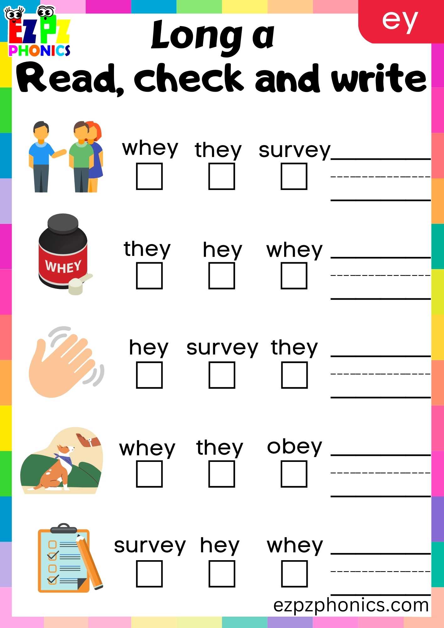 EY Words Read, Check And Write Long A Phonics Worksheet - ezpzphonics.com