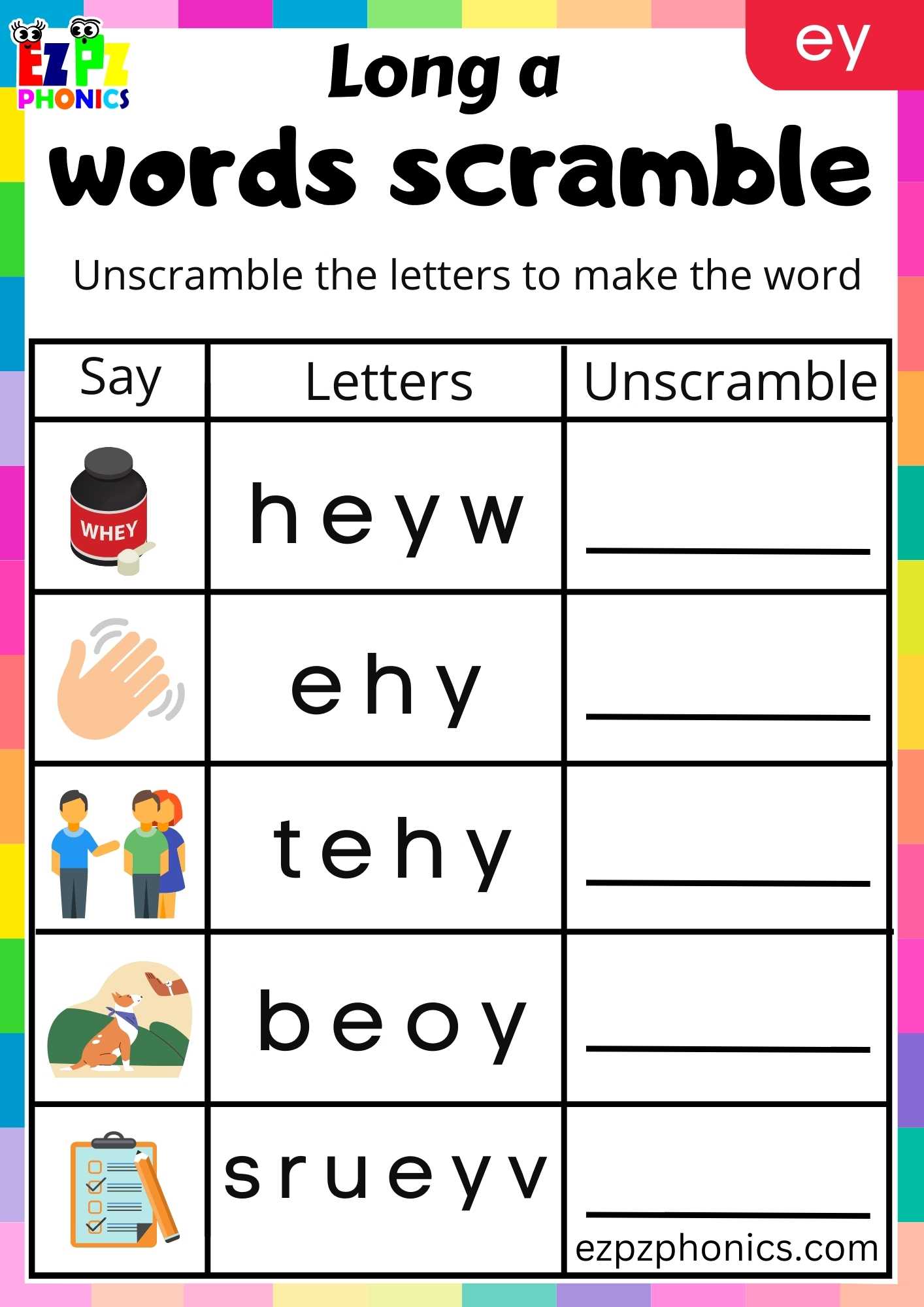 EY Words Words Scramble Long A Phonics Worksheet - ezpzphonics.com