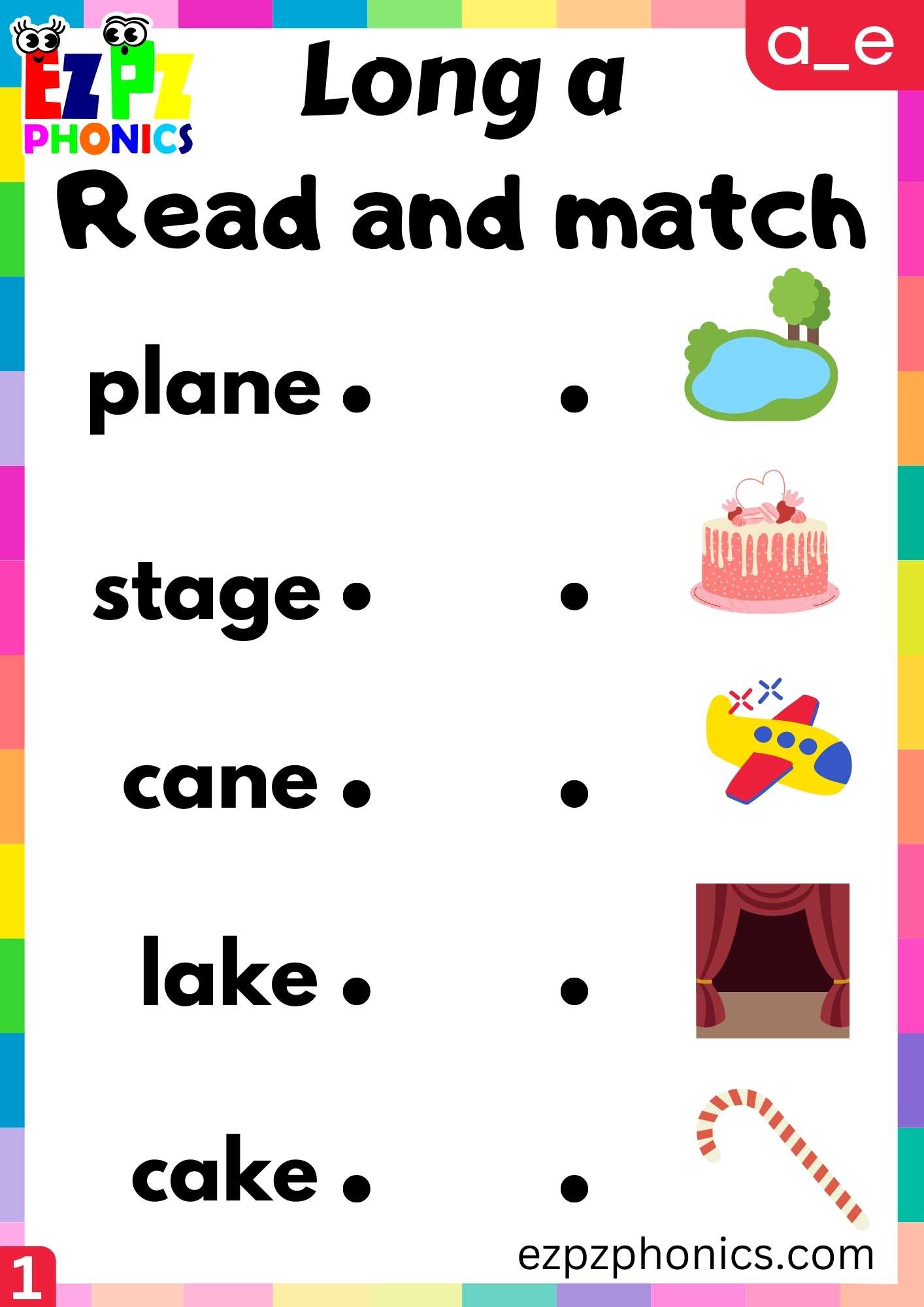 Group1 A_E Words Read And Match Long A Phonics Worksheet - ezpzphonics.com