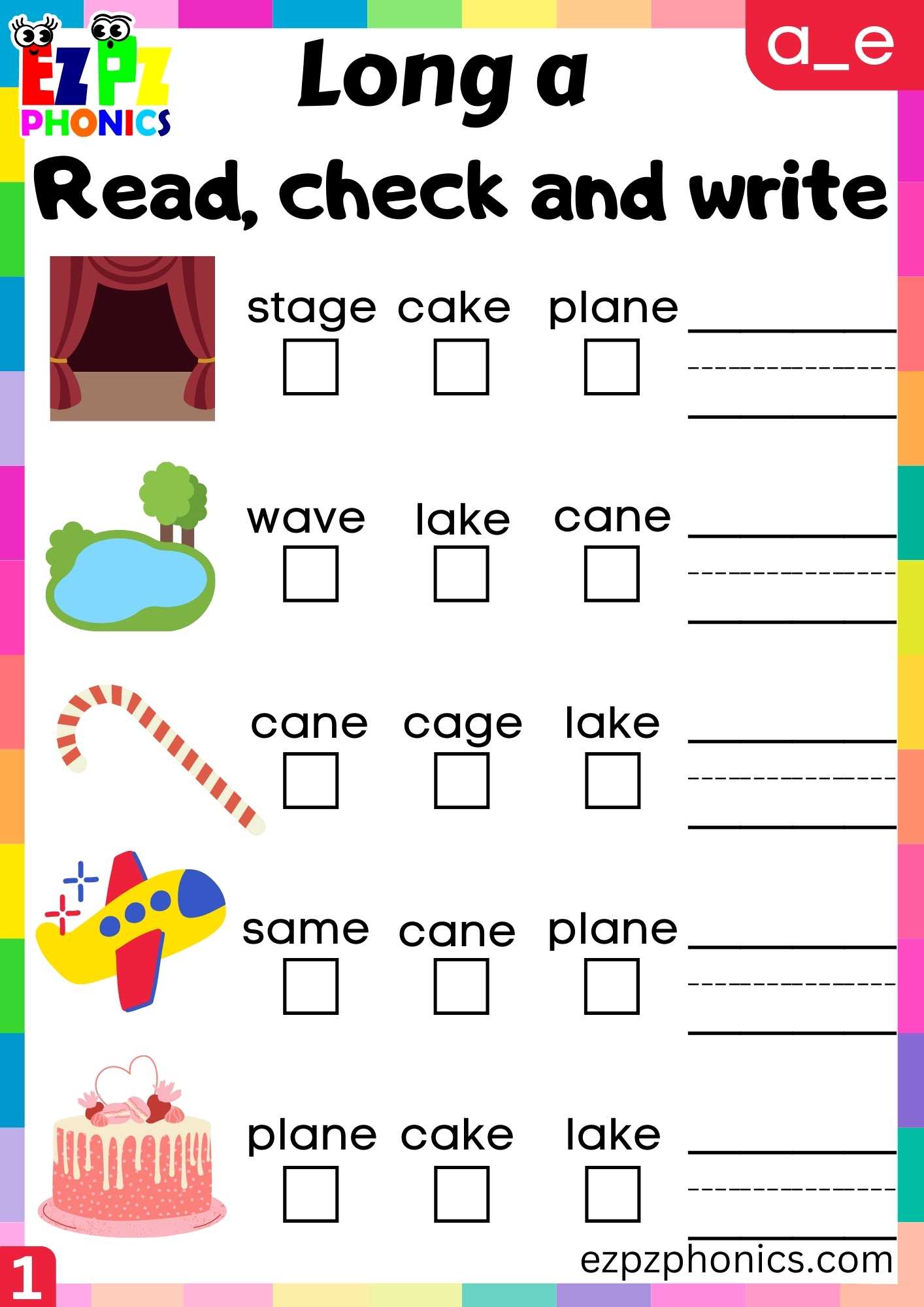 Group1 A_E Words Read, Check and Write Long A Phonics Worksheet ...