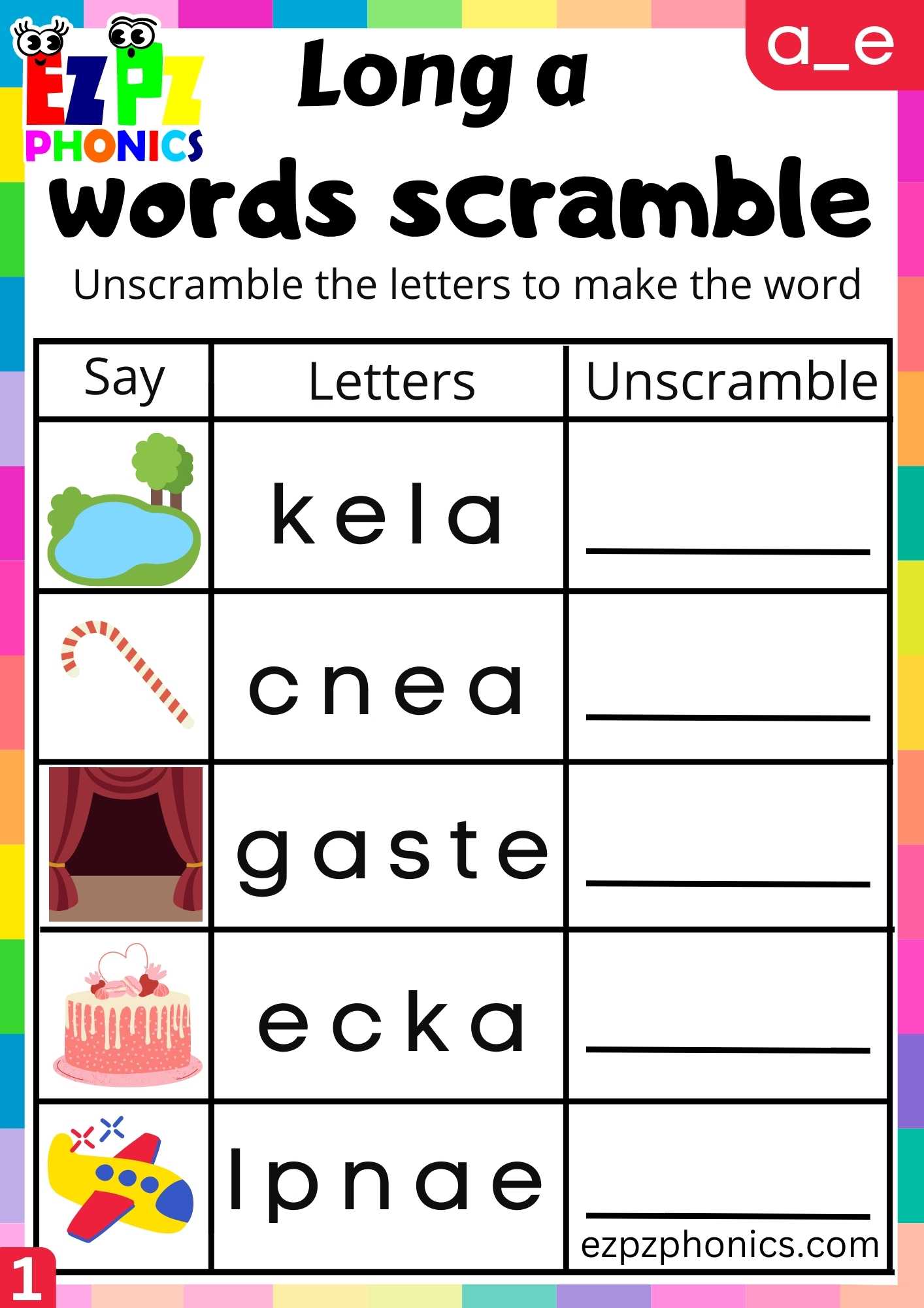Group1 A_E Words Words Scramble Long A Phonics Worksheet - ezpzphonics.com