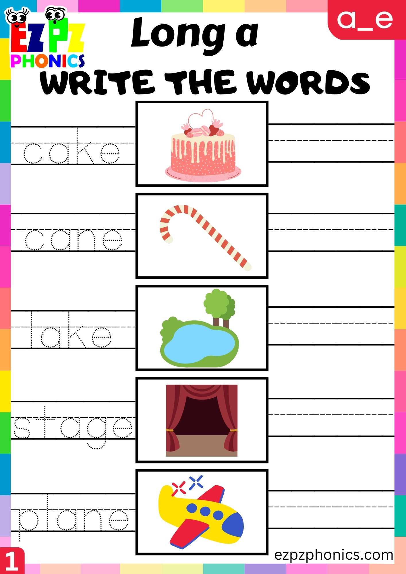 Group1 A_E Words Write The Words Long A Phonics Worksheet - ezpzphonics.com