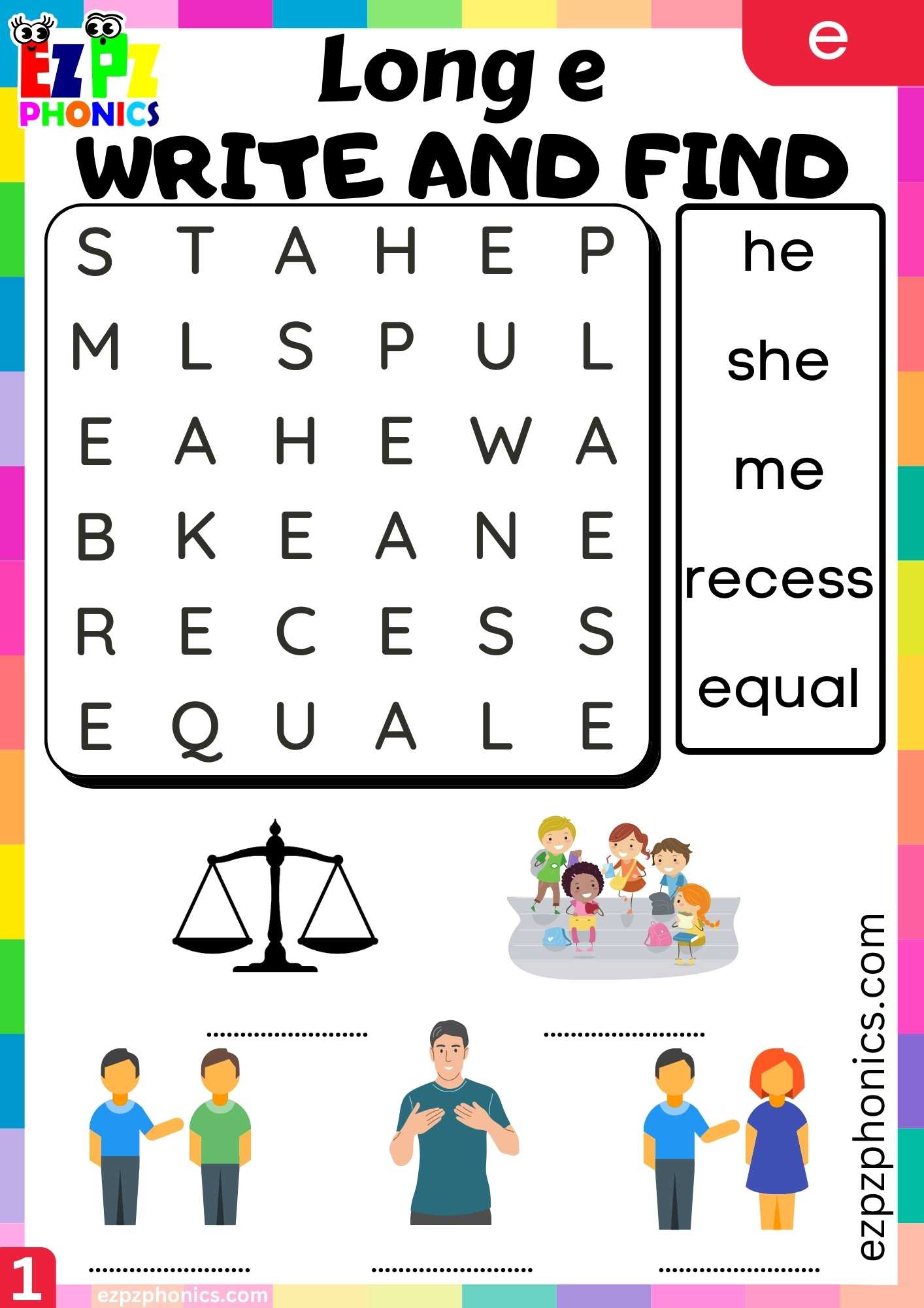 E Words Write And Find Long E Phonics Worksheet - ezpzphonics.com