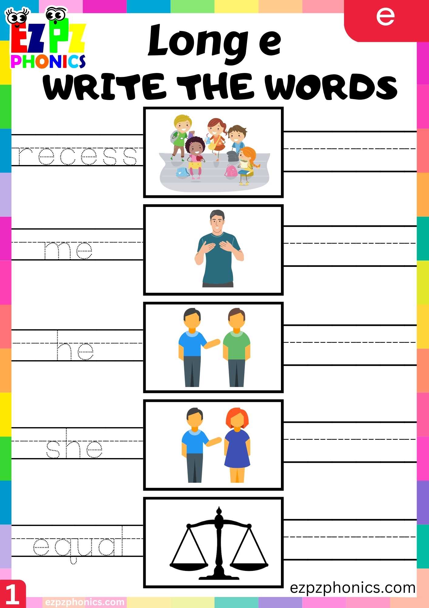E Words Write The Words Long E Phonics Worksheet - ezpzphonics.com