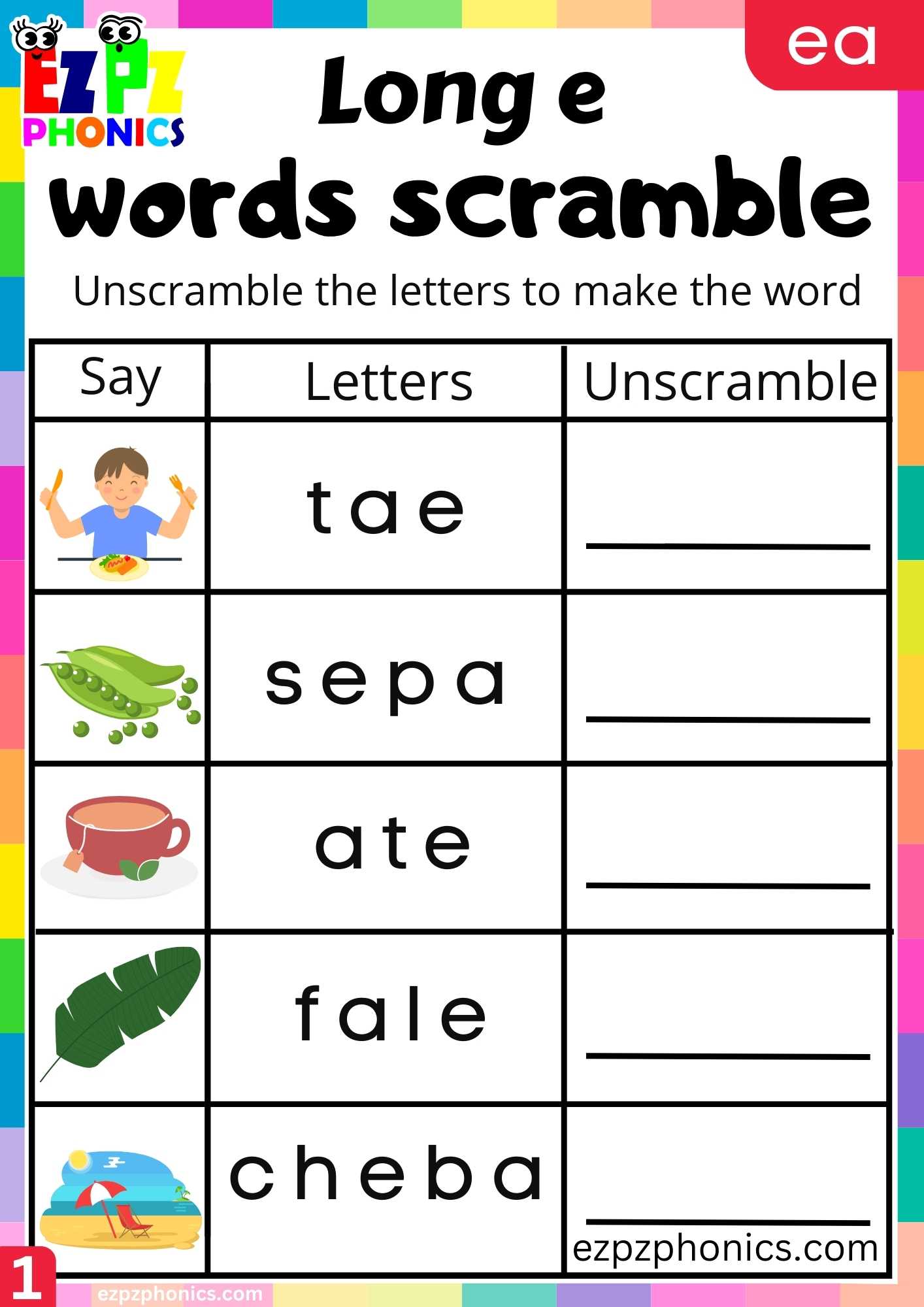 Group1 EA Words Words Scramble Long E Phonics Worksheet - ezpzphonics.com