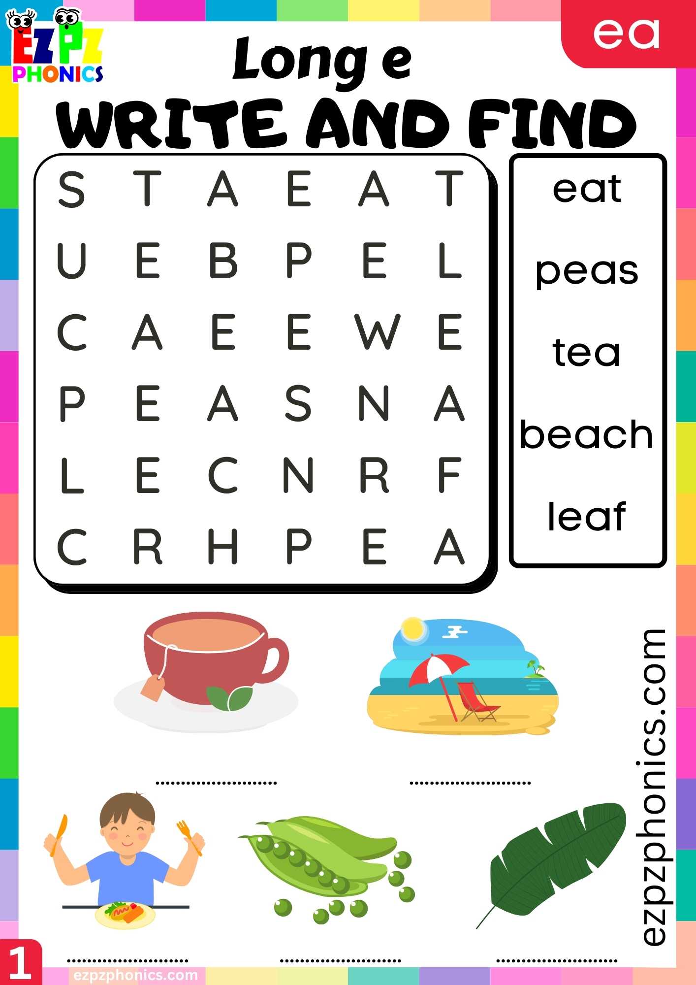 Group1 EA Words Write And Find Long E Phonics Worksheet - ezpzphonics.com