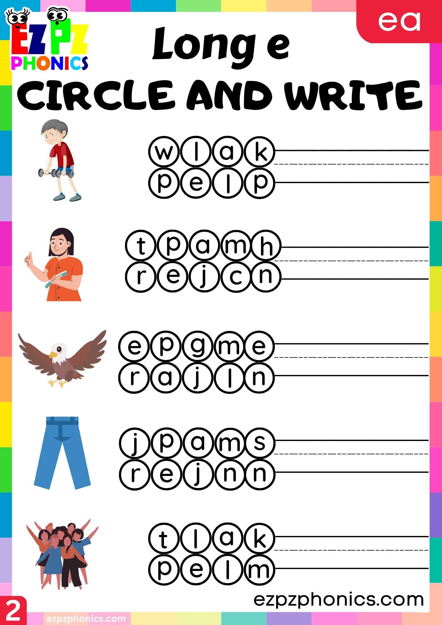 Group2 EA Words Circle And Write Long E Phonics Worksheet - ezpzphonics.com