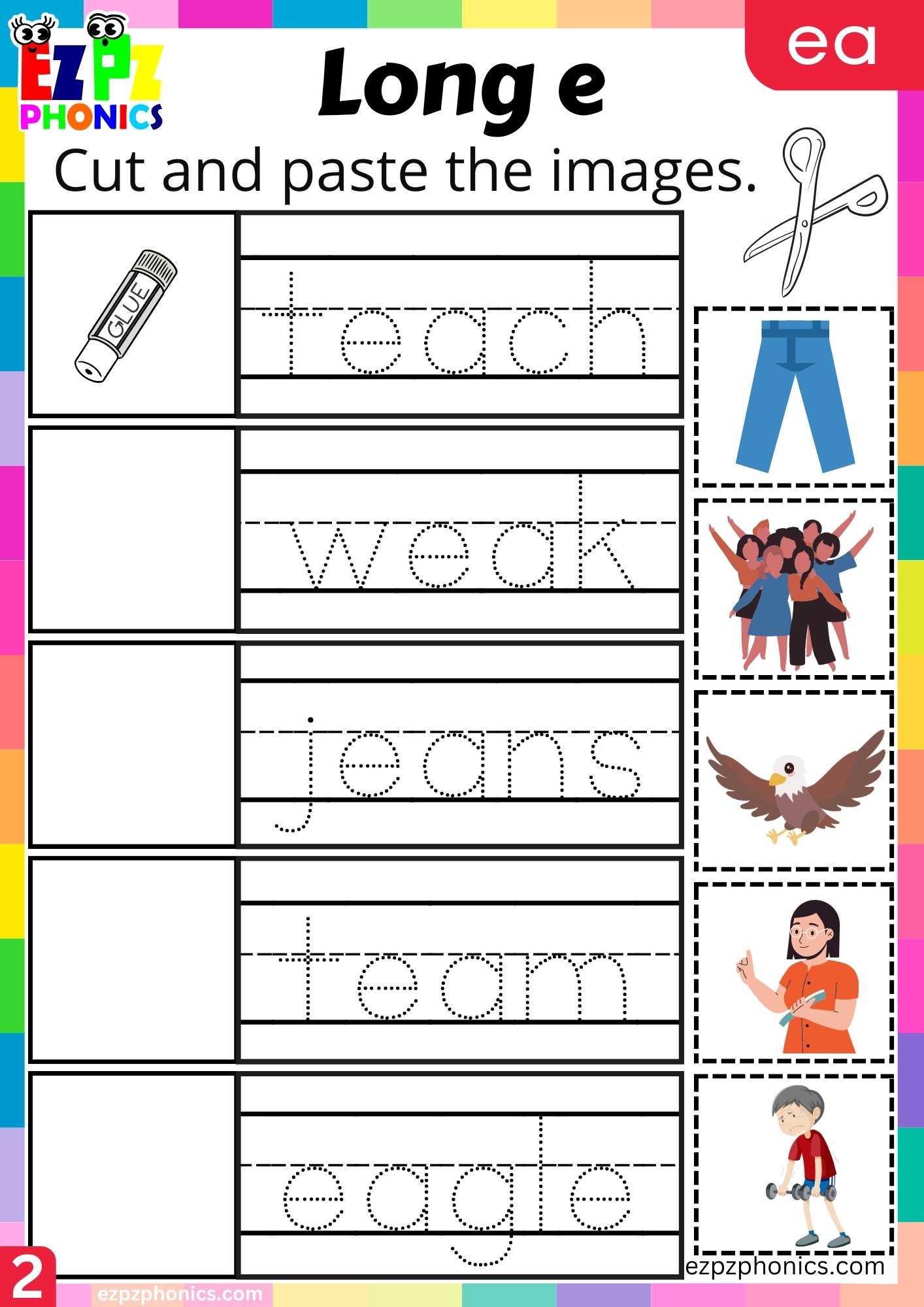 Group2 EA Words Cut And Paste The Images Long E Phonics Worksheet ...