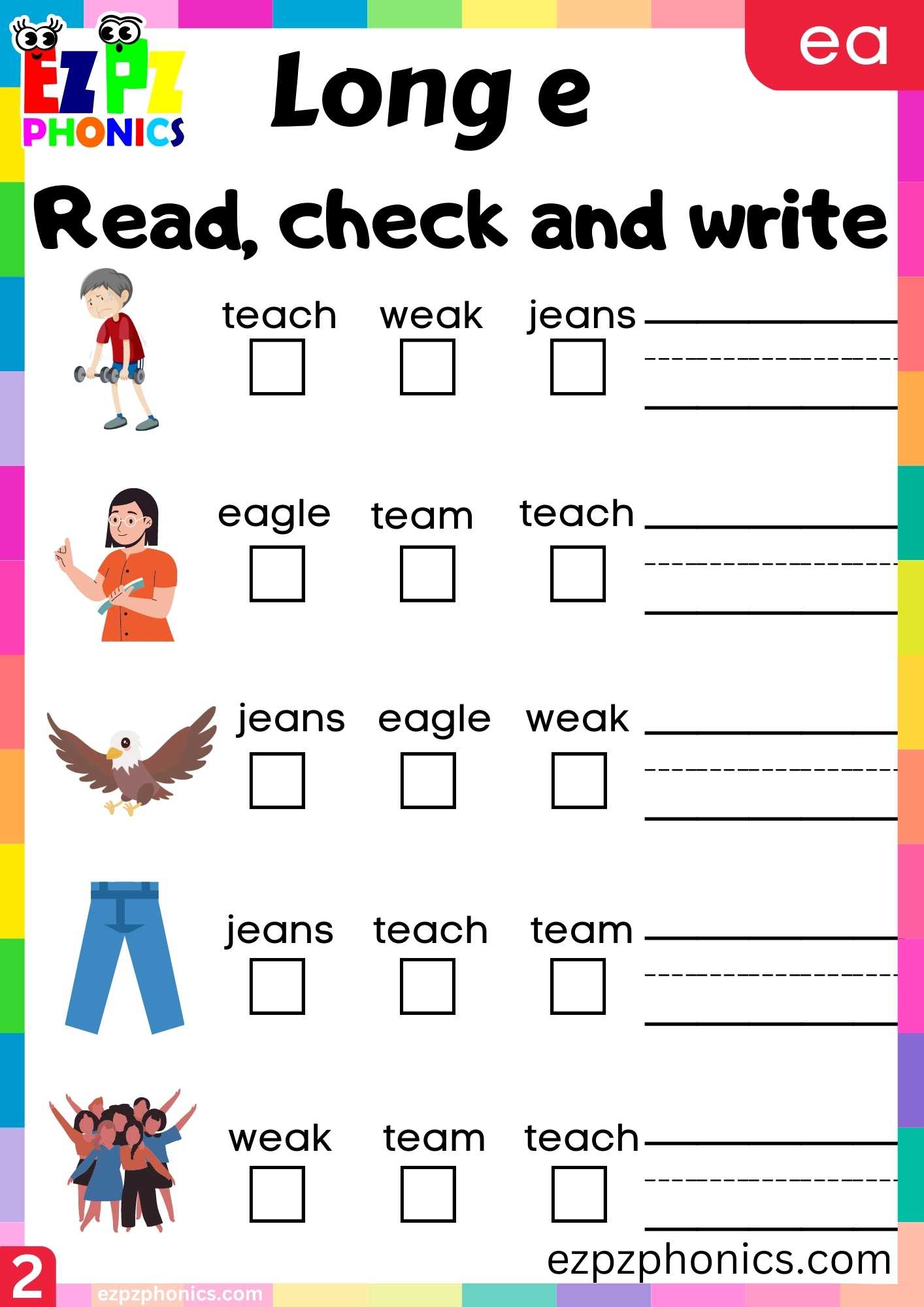 Group2 EA Words Read, Check And Write Long E Phonics Worksheet ...