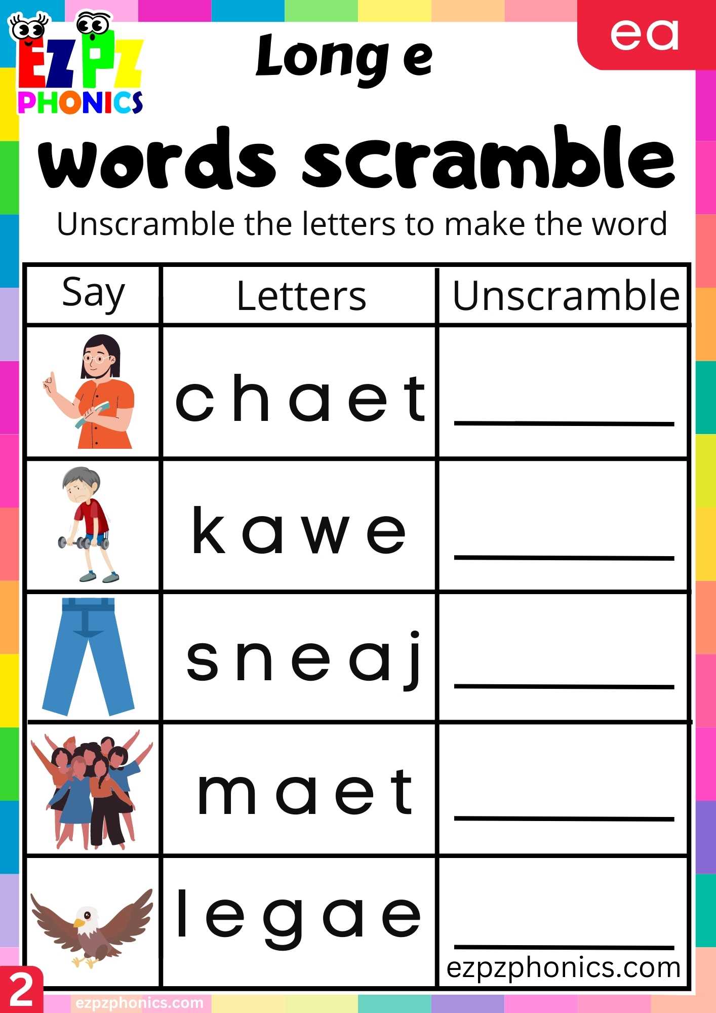 Group2 EA Words Words Scramble Long E Phonics Worksheet - ezpzphonics.com