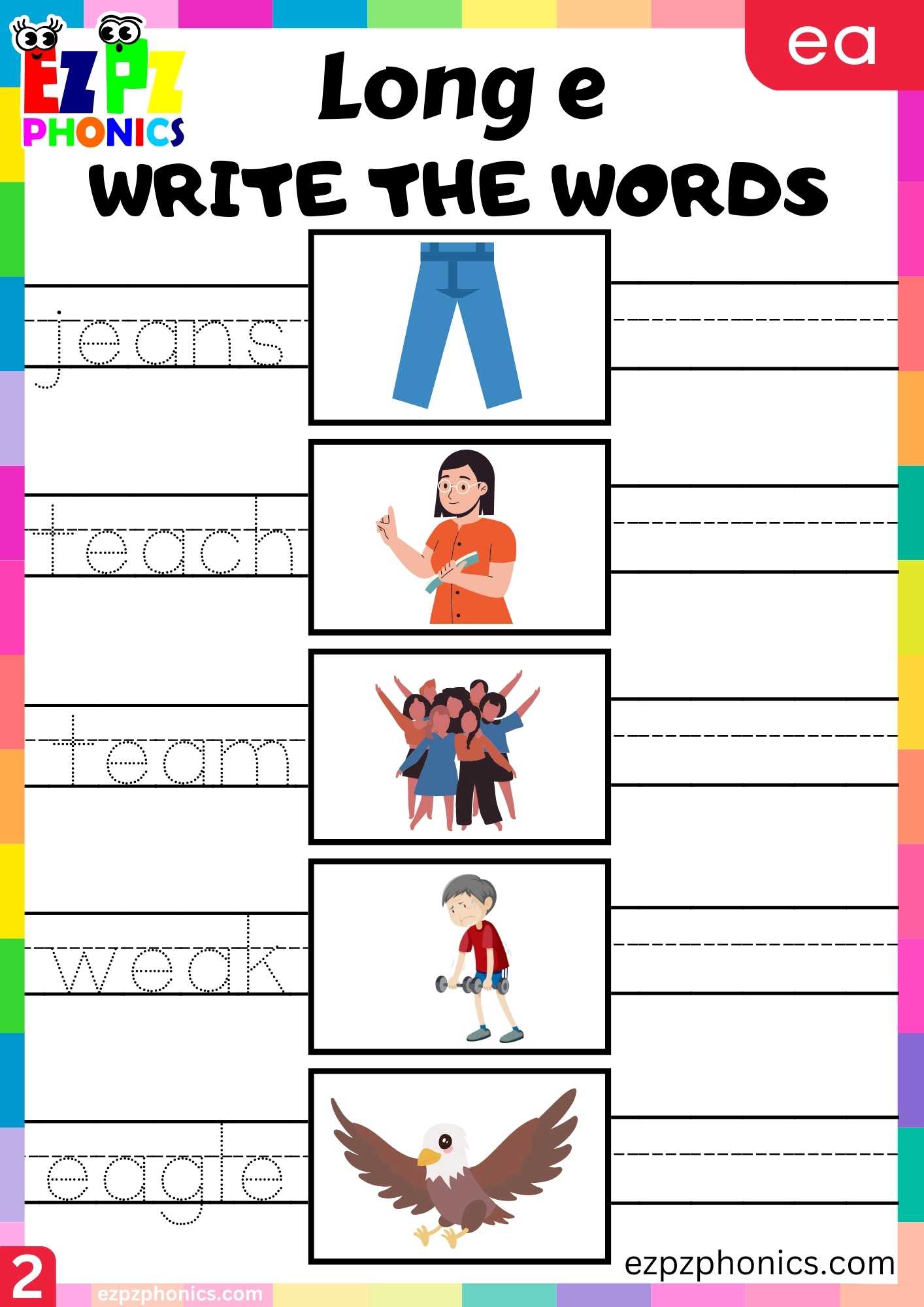 Group2 EA Words Write The Words Long E Phonics Worksheet - ezpzphonics.com