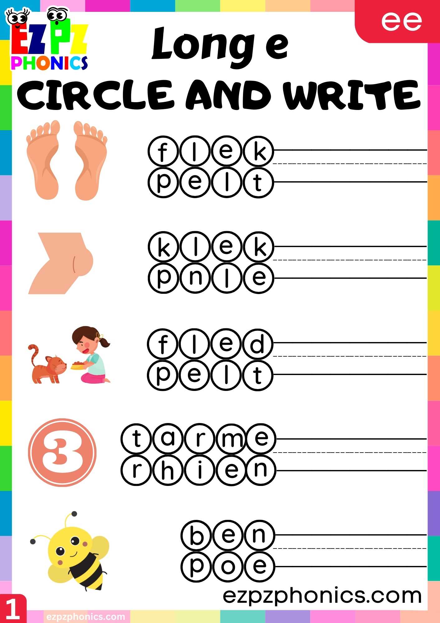 Group1 EE Words Circle And Write Long E Phonics Worksheet - ezpzphonics.com