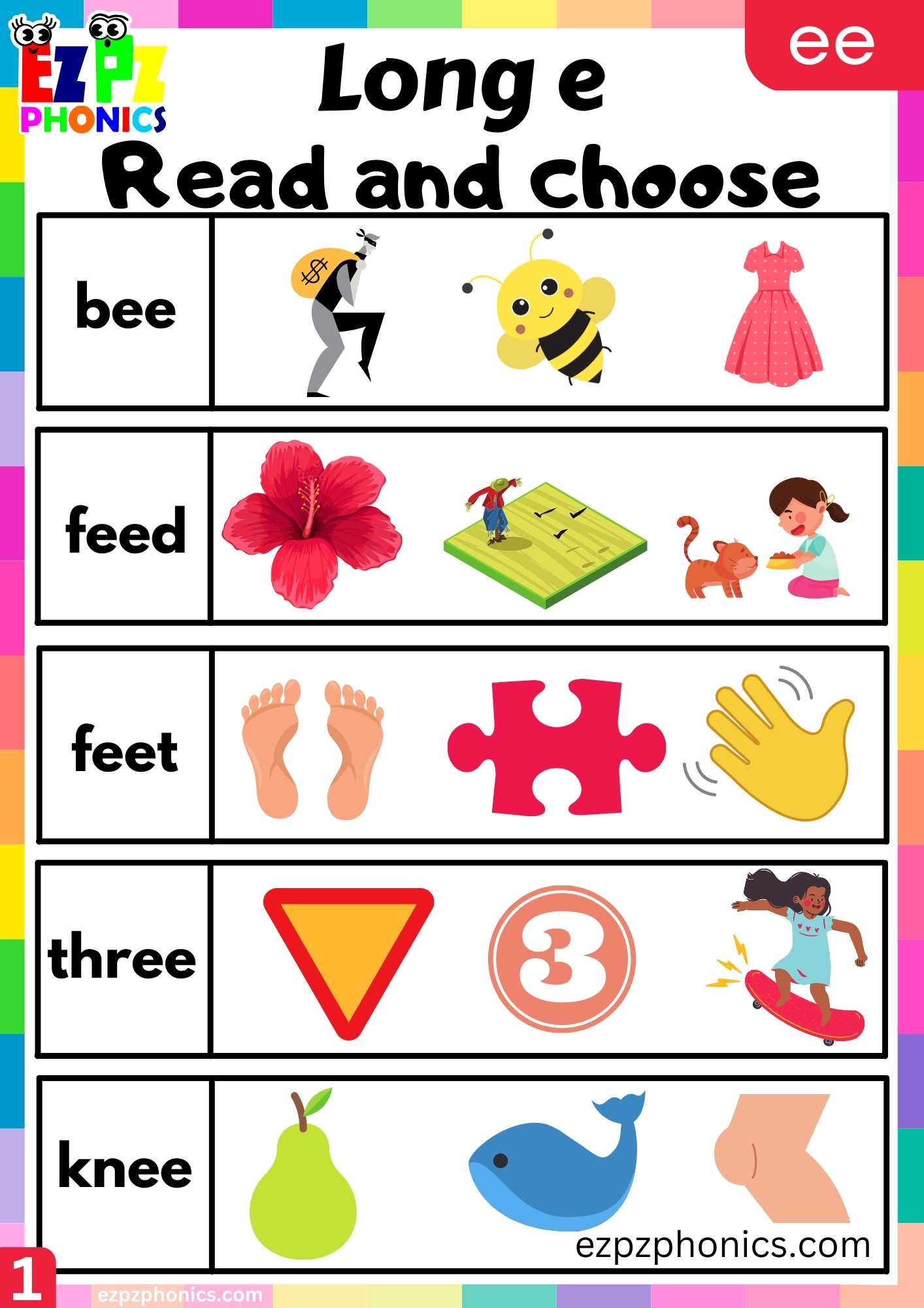 Group1 EE Words Read And Choose Long E Phonics Worksheet - ezpzphonics.com