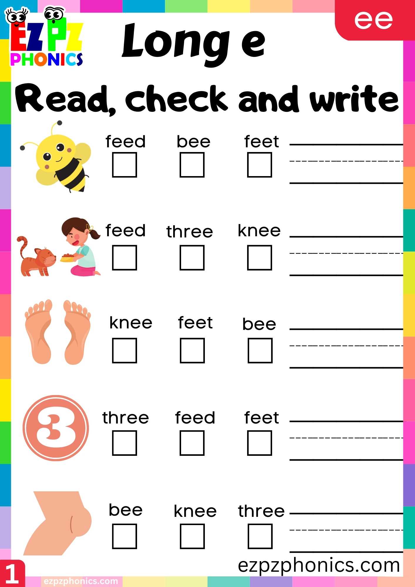 Group1 EE Words Read, Check And Write Long E Phonics Worksheet ...