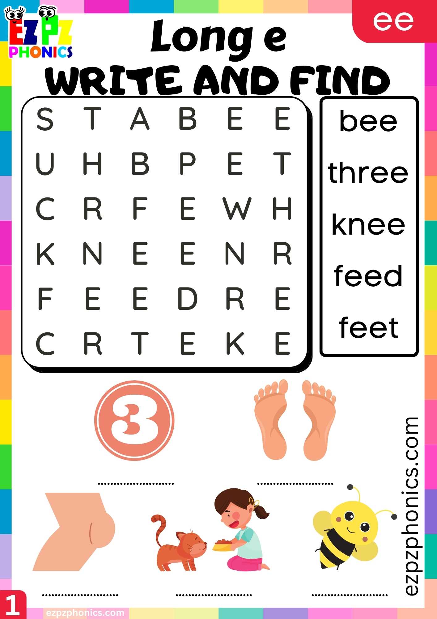 Group1 EE Words Write And Find Long E Phonics Worksheet - ezpzphonics.com