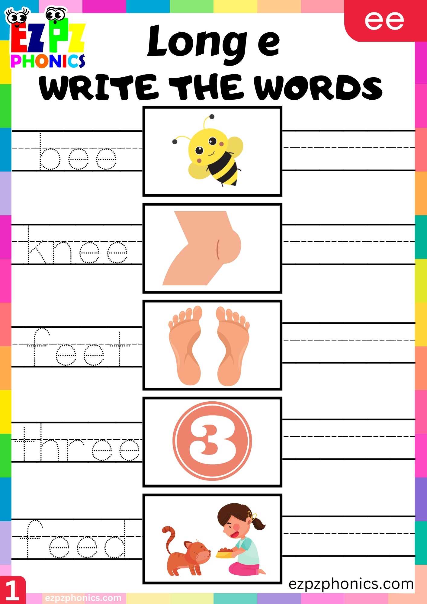 Group1 EE Words Write The Words Long E Phonics Worksheet - ezpzphonics.com