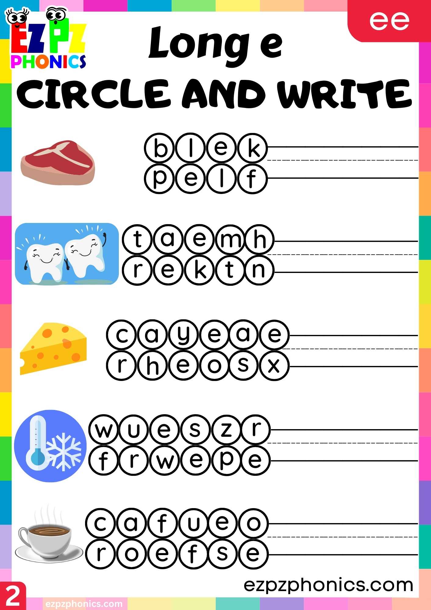Group2 EE Words Circle And Write Long E Phonics Worksheet - ezpzphonics.com