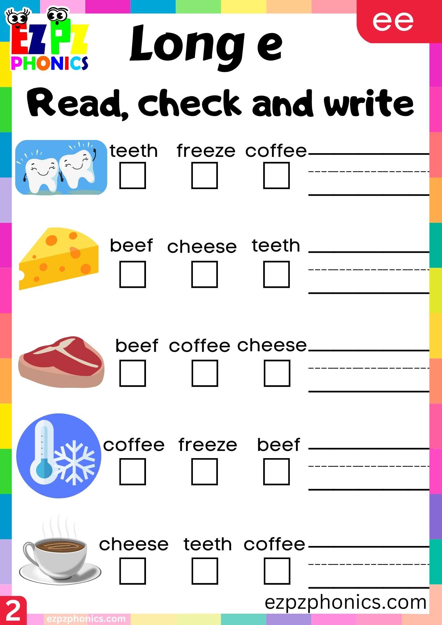 Group2 EE Words Read, Check And Write Long E Phonics Worksheet ...