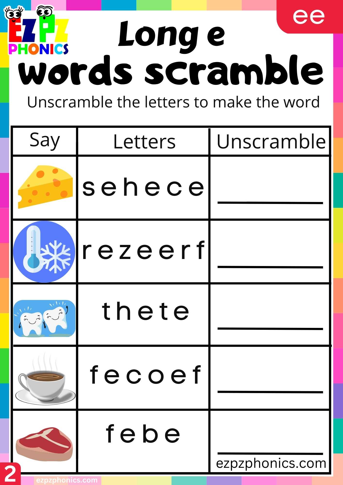 Group2 EE Words Words Scramble Long E Phonics Worksheet - ezpzphonics.com