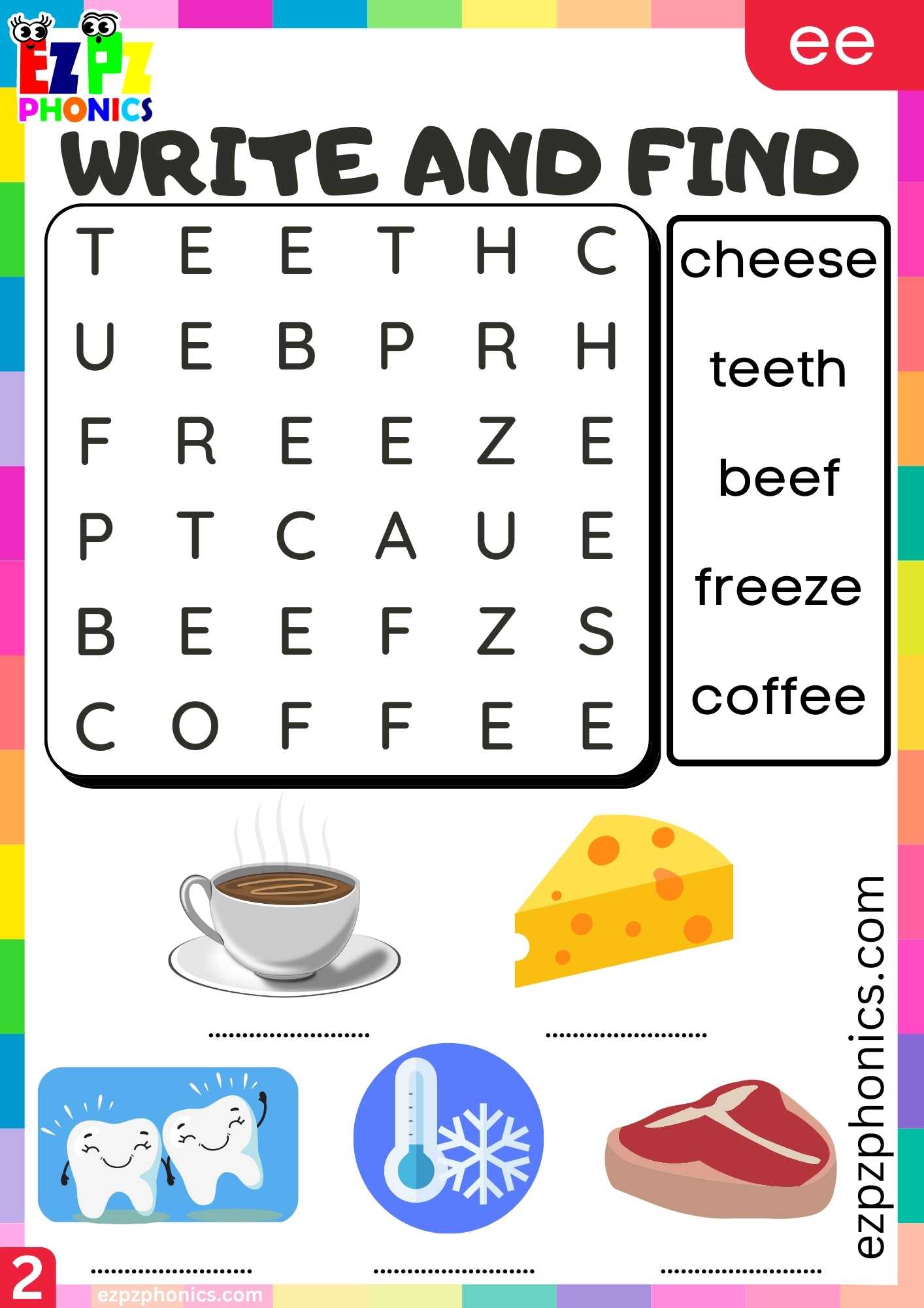 Group2 EE Words Write And Find Long E Phonics Worksheet - ezpzphonics.com