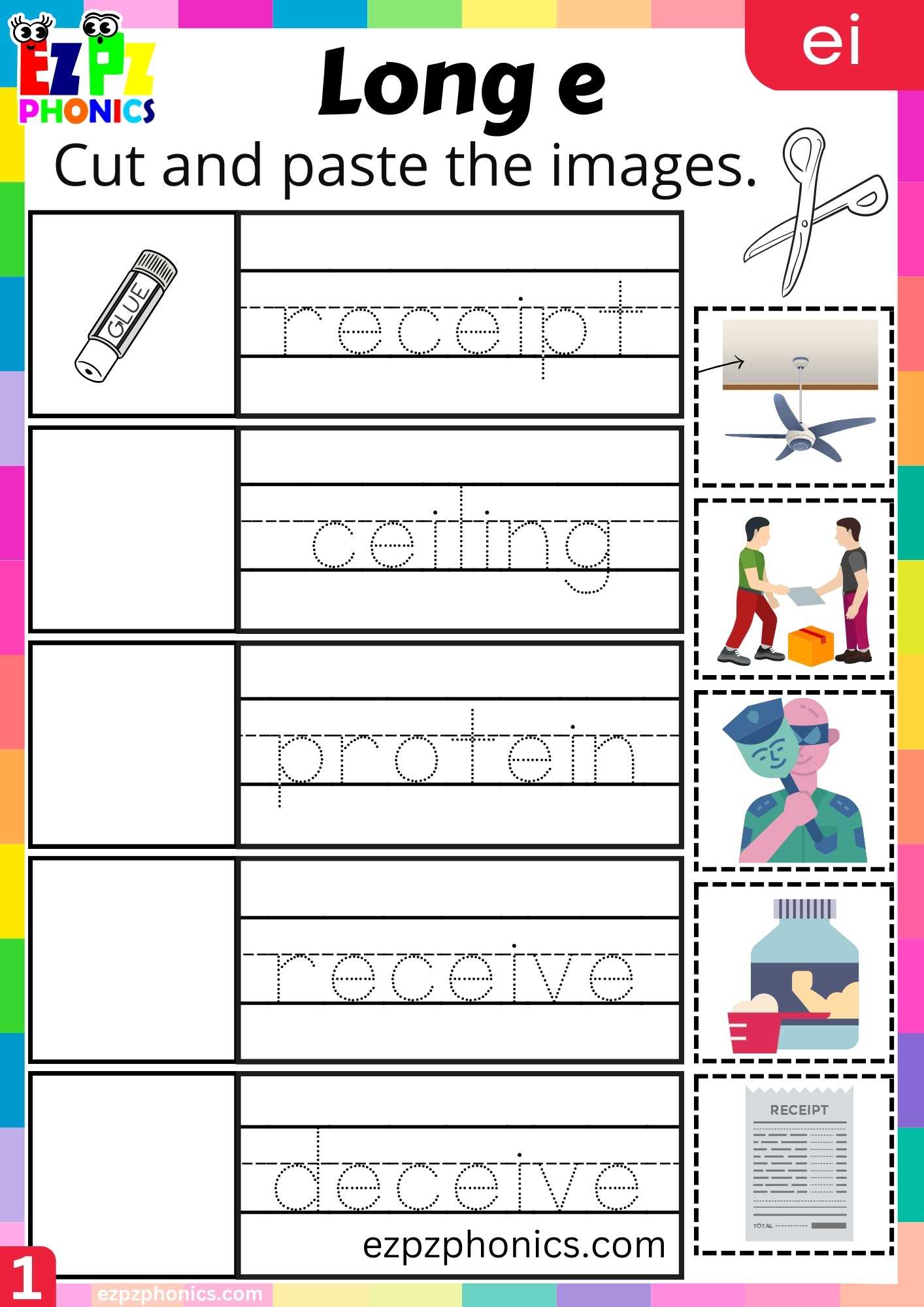 EI Words Cut And Paste The Images Long E Phonics Worksheet ...