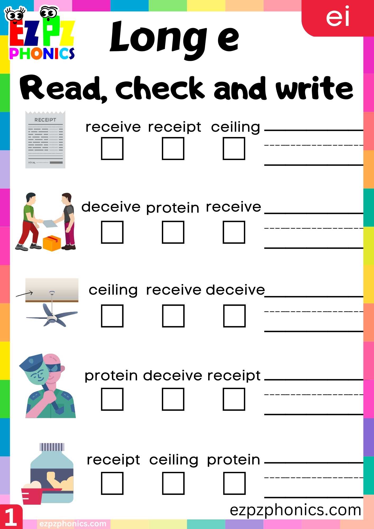EI Words Read, Check And Write Long E Phonics Worksheet - ezpzphonics.com