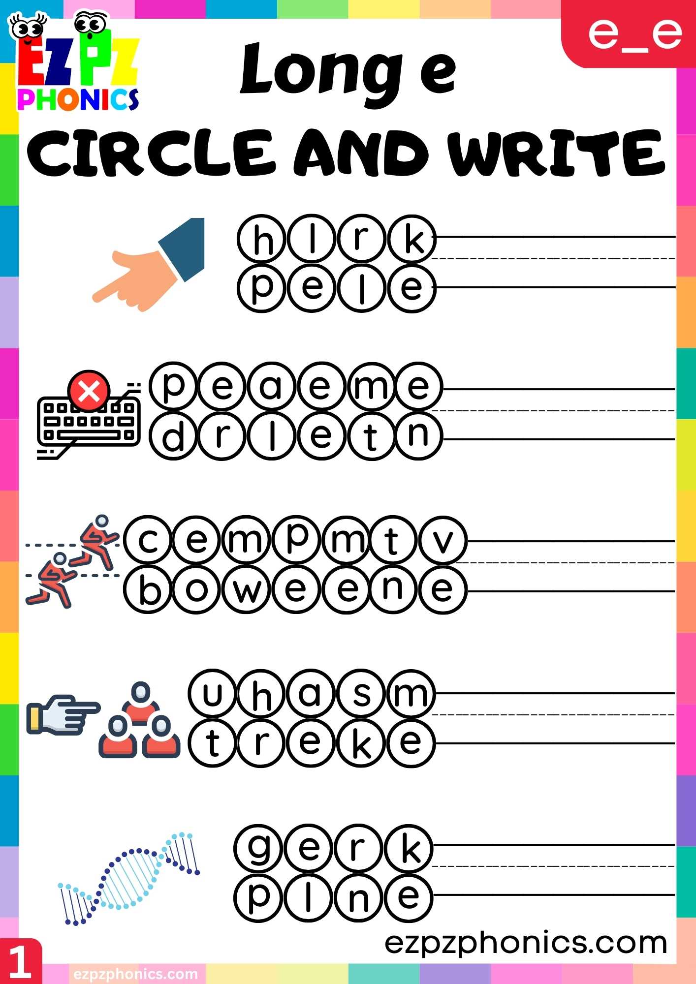 E_E Words Circle And Write Long E Phonics Worksheet - ezpzphonics.com