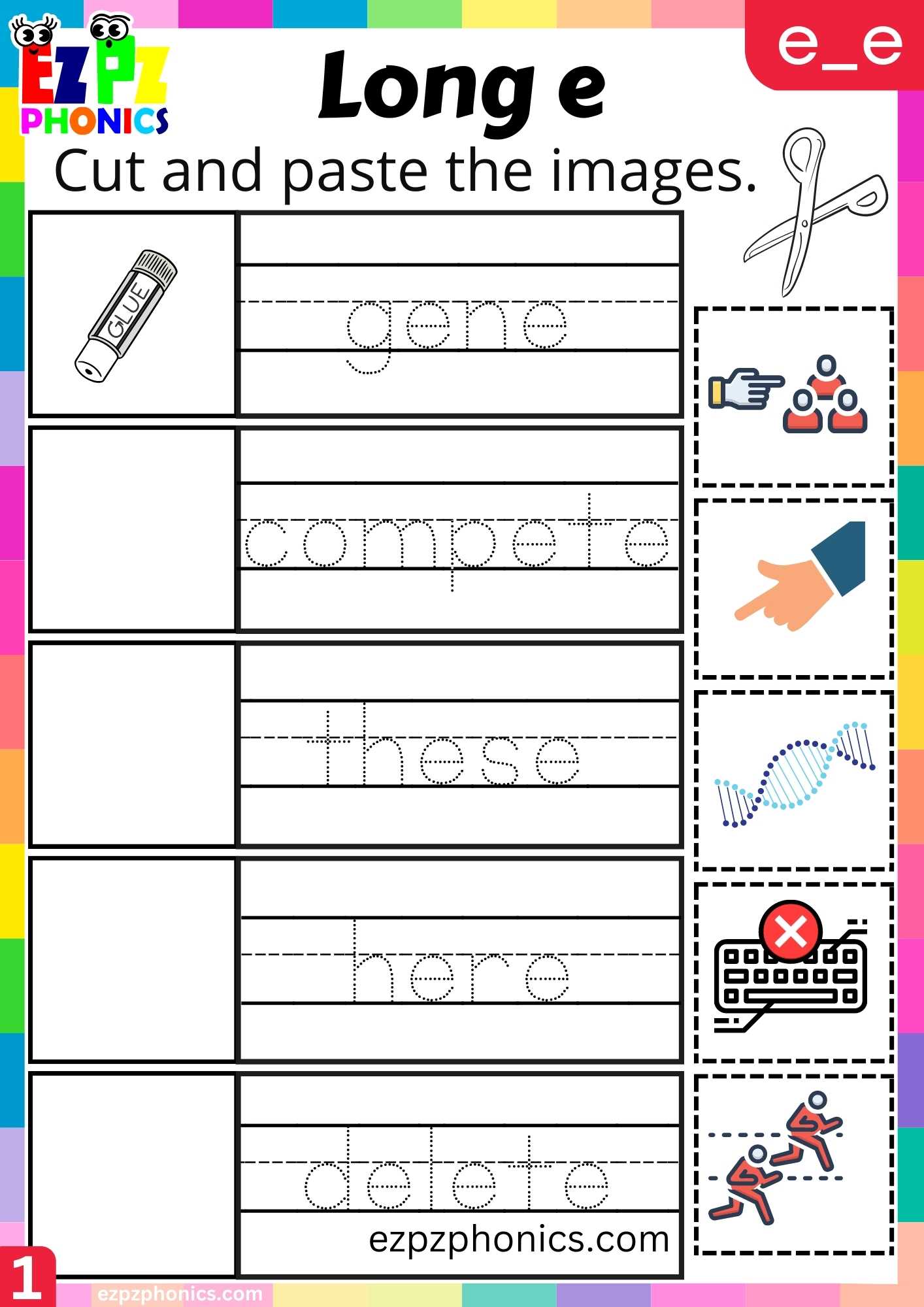 E_E Words Cut And Paste The Images Long E Phonics Worksheet ...