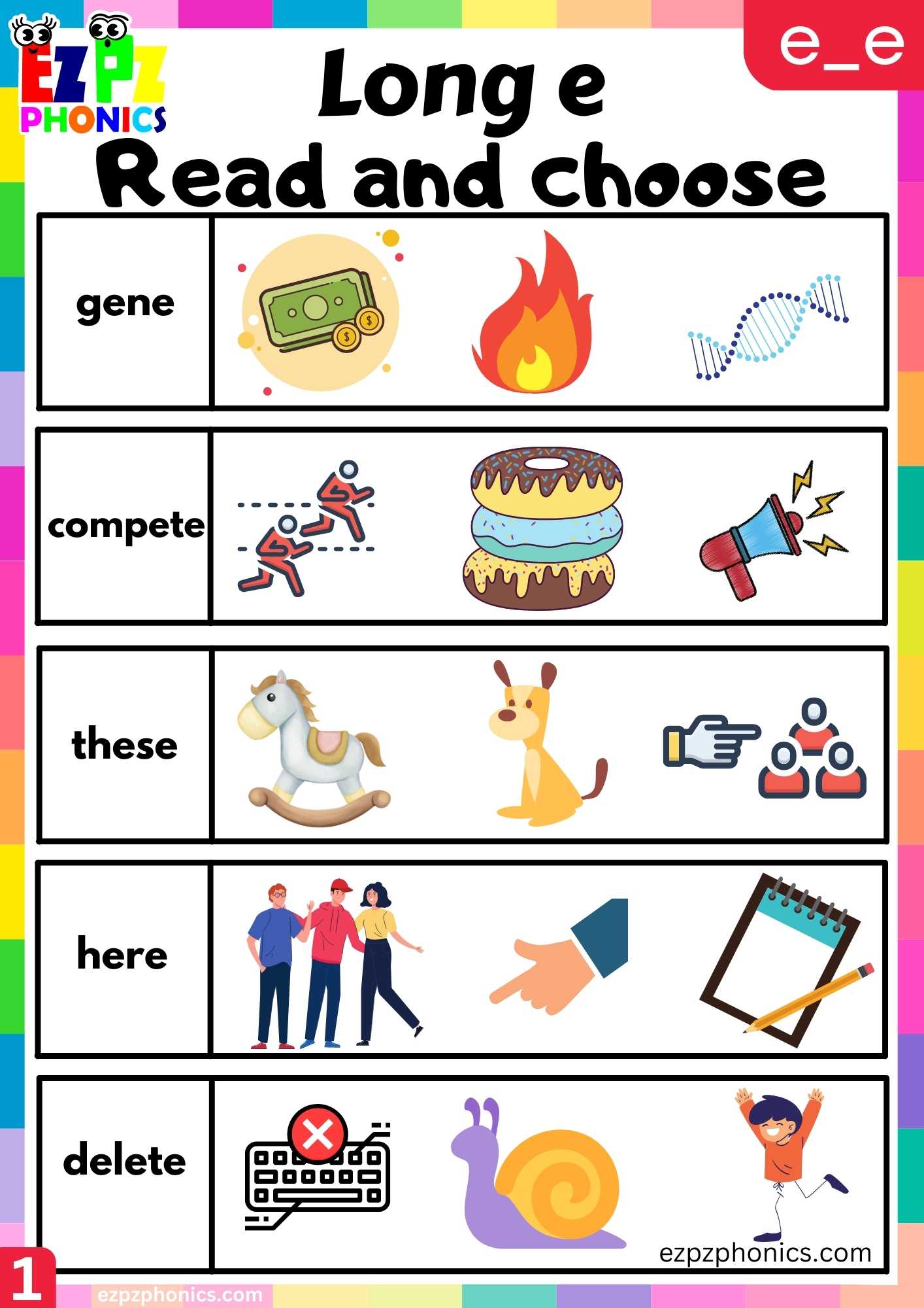 E_E Words Read And Choose Long E Phonics Worksheet - ezpzphonics.com