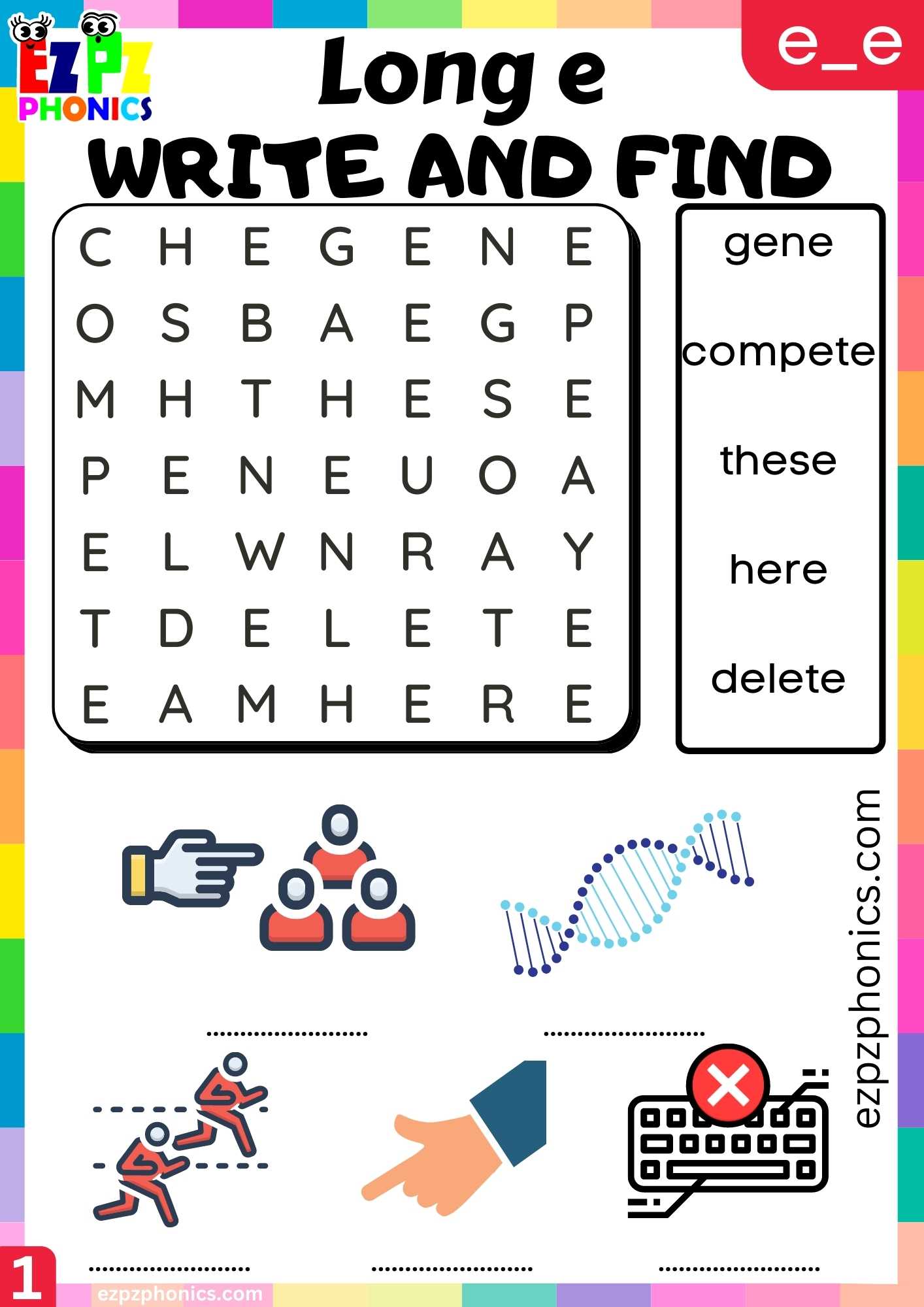 E_E Words Write And Find Long E Phonics Worksheet - ezpzphonics.com