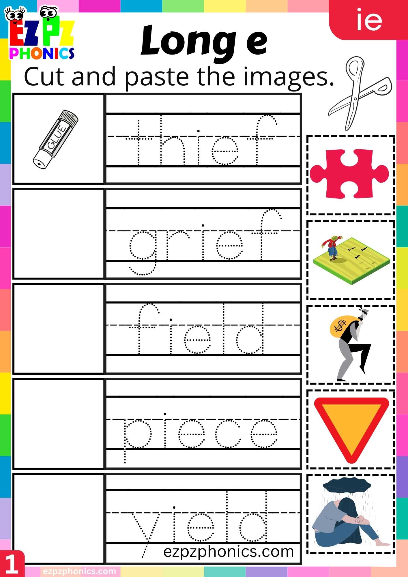 IE Words Cut And Paste The Images Long A Phonics Worksheet ...
