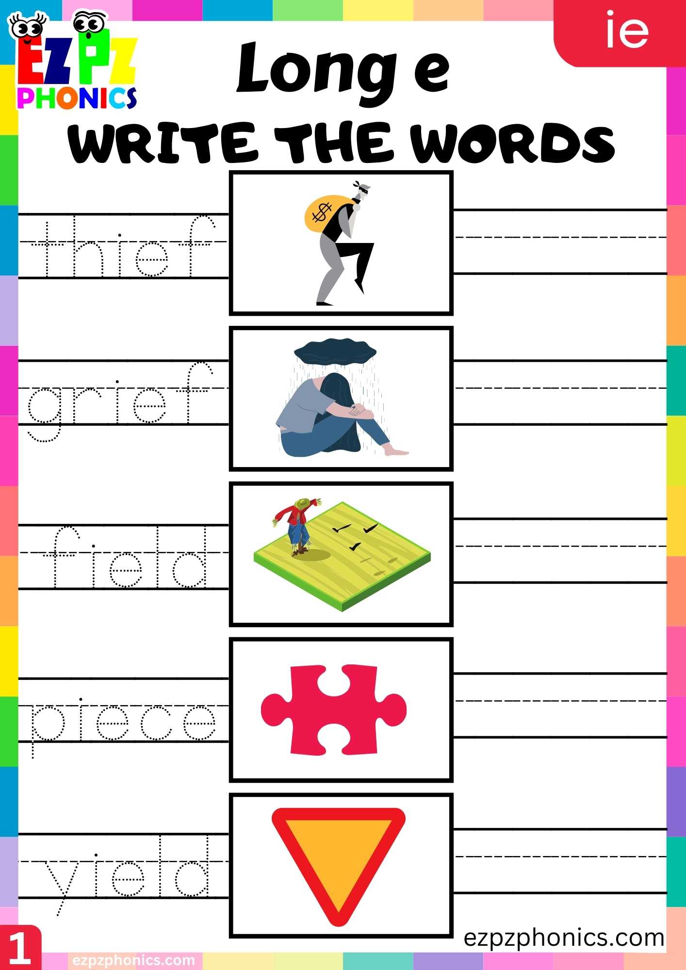 IE Words Write The Words Long E Phonics Worksheet - ezpzphonics.com