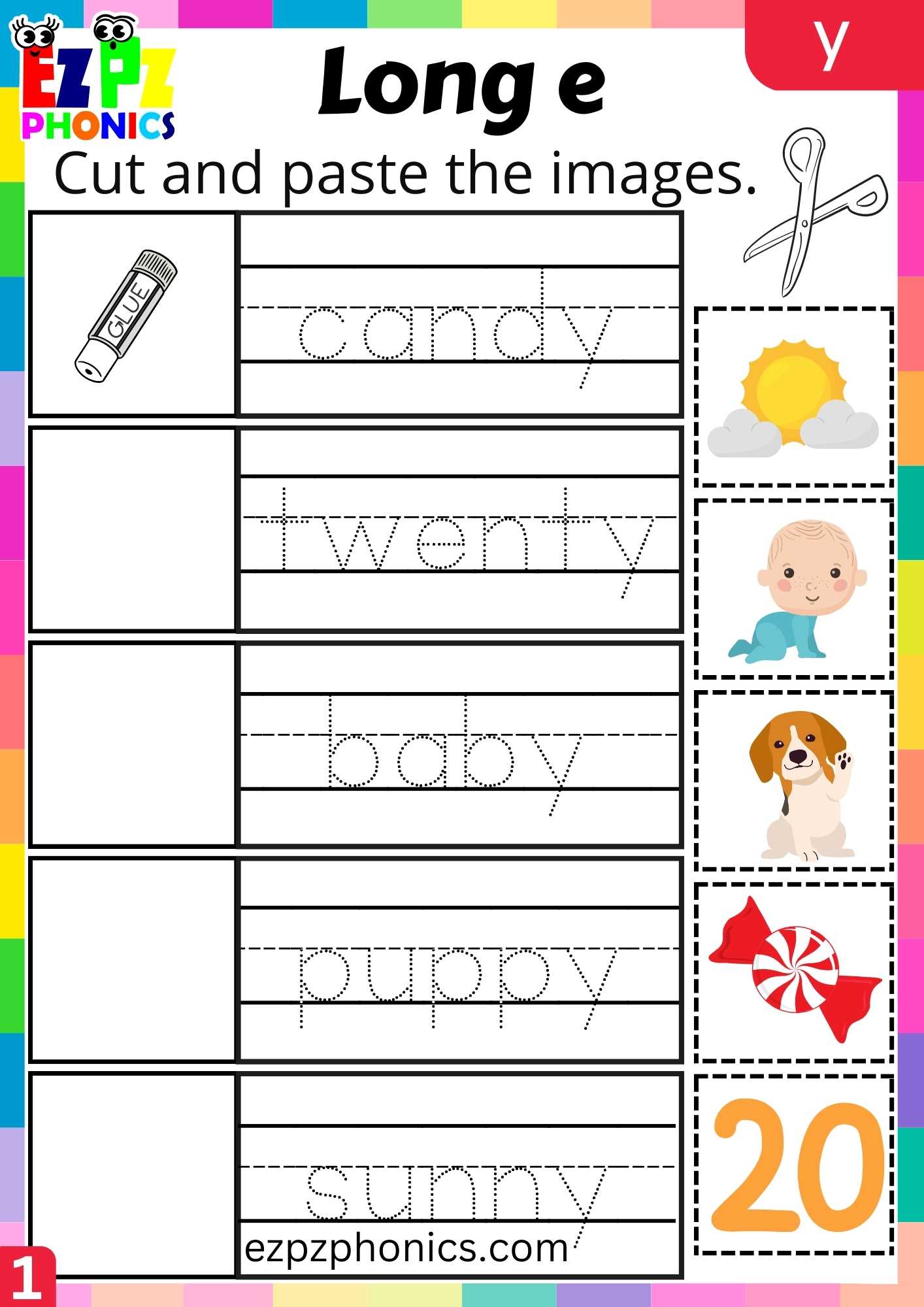 Group1 Y Words Cut And Paste The Images Long E Phonics Worksheet ...