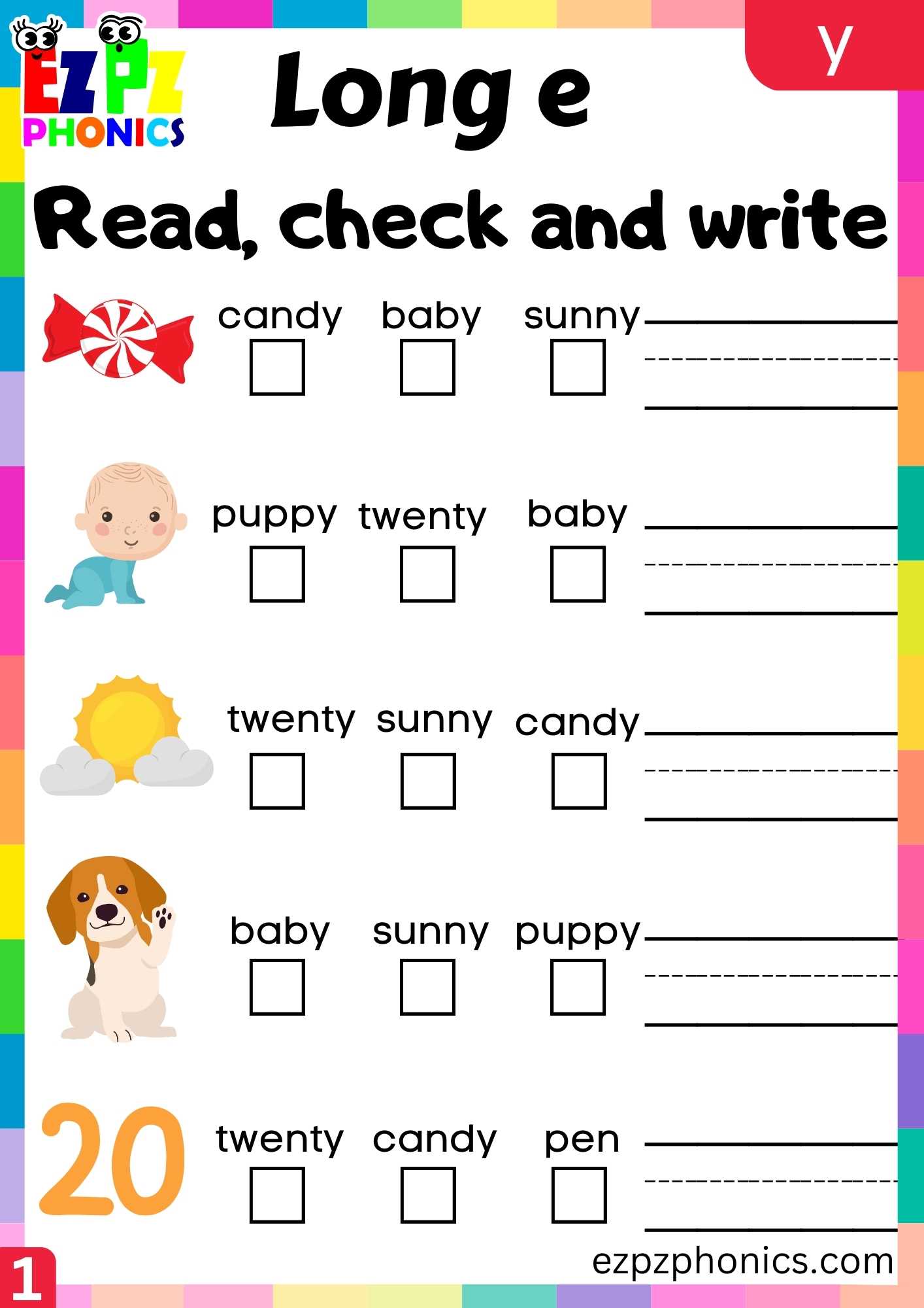 Group1 Y Words Read, Check And Write Long E Phonics Worksheet ...