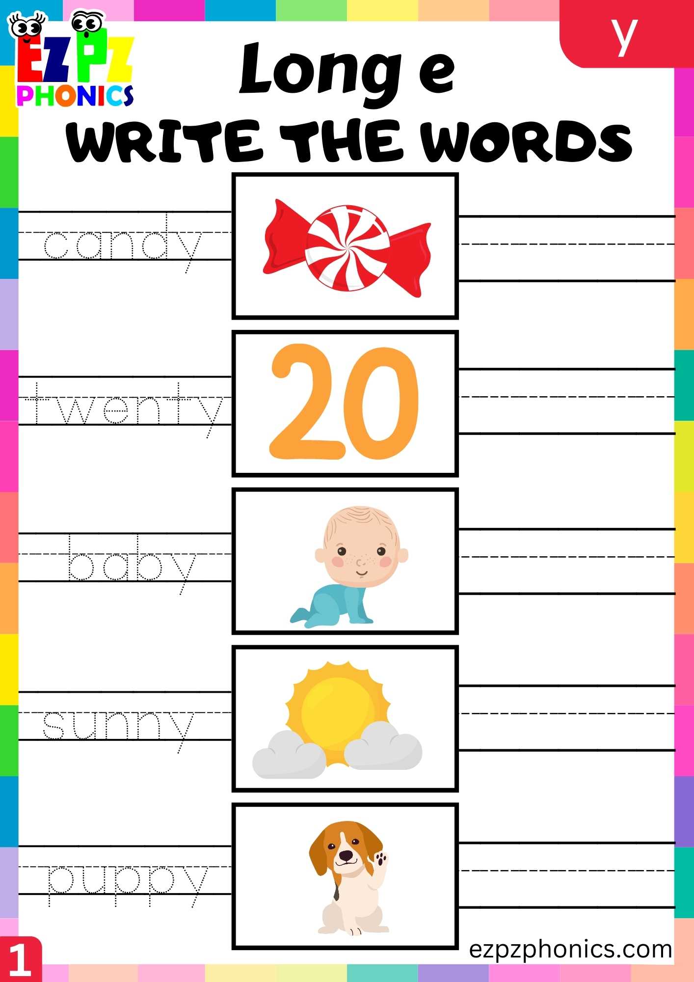 Group1 Y Words Write The Words Long E Phonics Worksheet - ezpzphonics.com