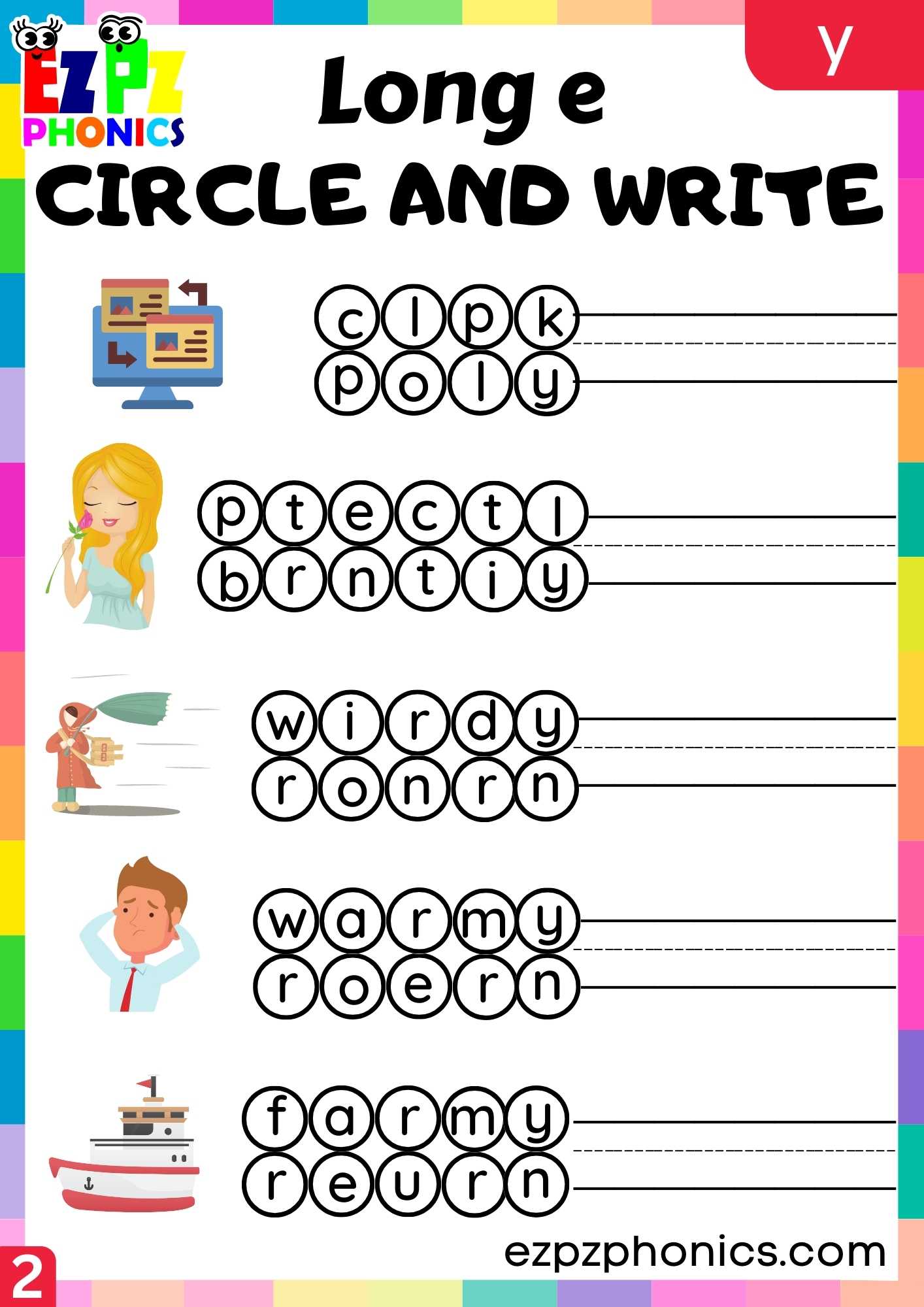 Group2 Y Words Circle And Write Long E Phonics Worksheet - ezpzphonics.com