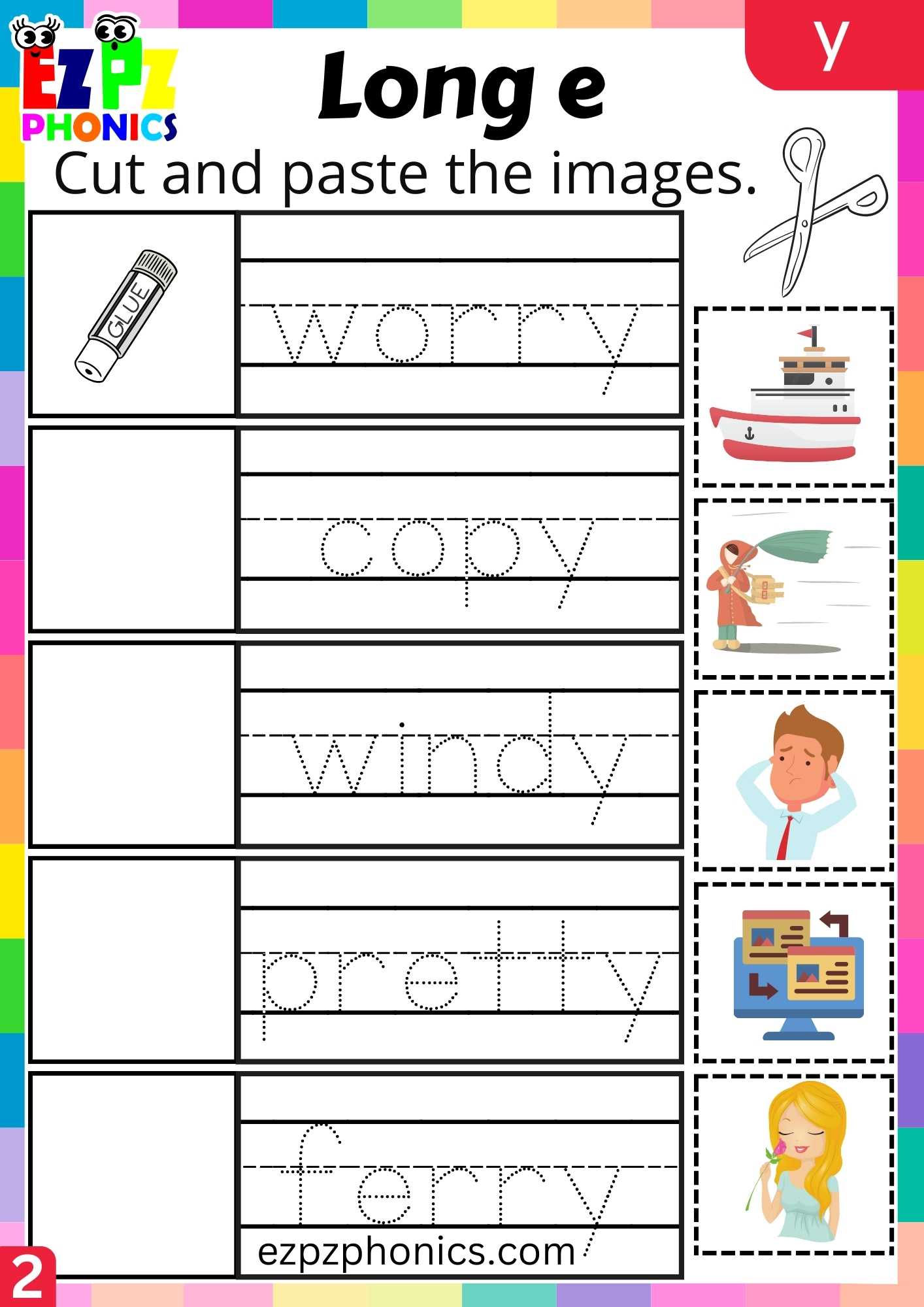 Group2 Y Words Cut And Paste The Images Long E Phonics Worksheet ...