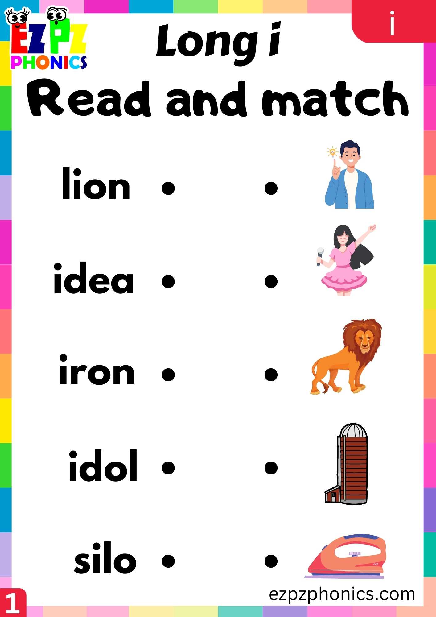 I Words Read And Match Long I Phonics Worksheet - ezpzphonics.com