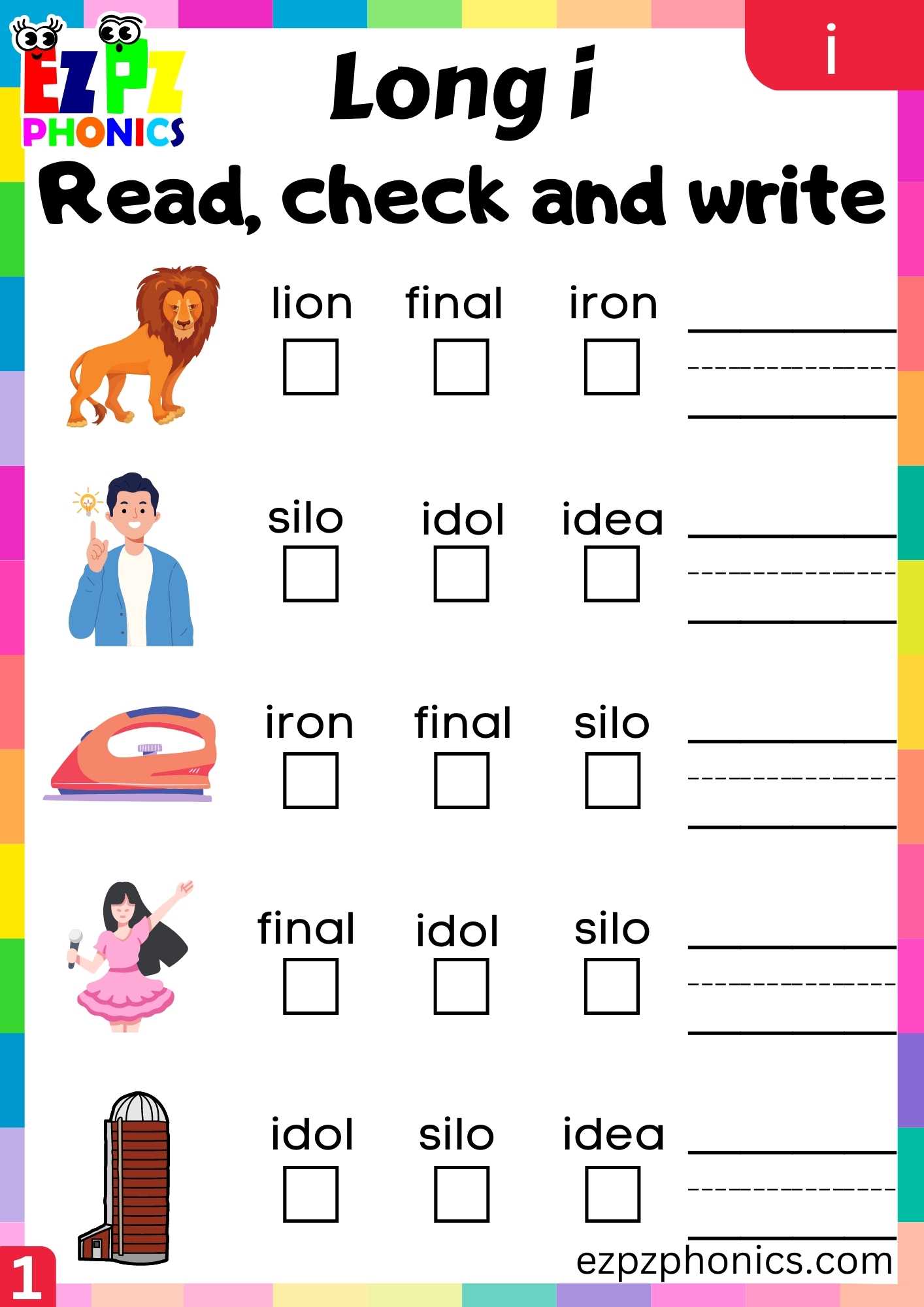 I Words Read, Check And Write Long I Phonics Worksheet - ezpzphonics.com