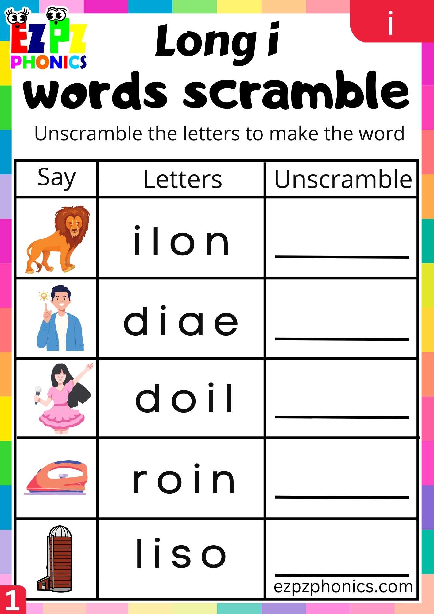I Words Words Scramble Long I Phonics Worksheet - ezpzphonics.com