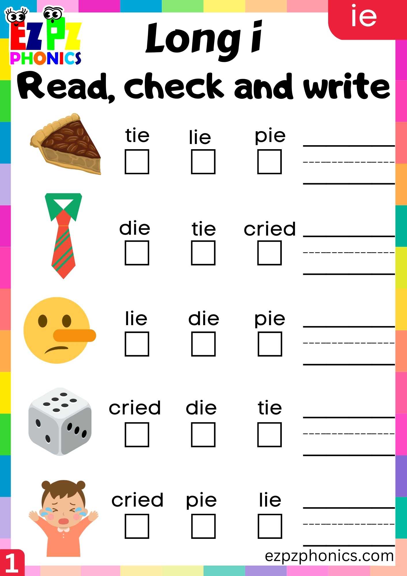 IE Words Read, Check And Write Long I Phonics Worksheet - ezpzphonics.com