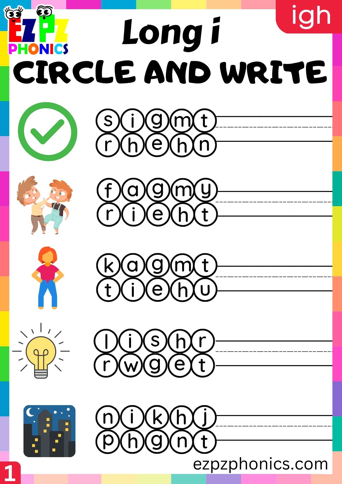 IGH Words Circle And Write Long I Phonics Worksheet - ezpzphonics.com