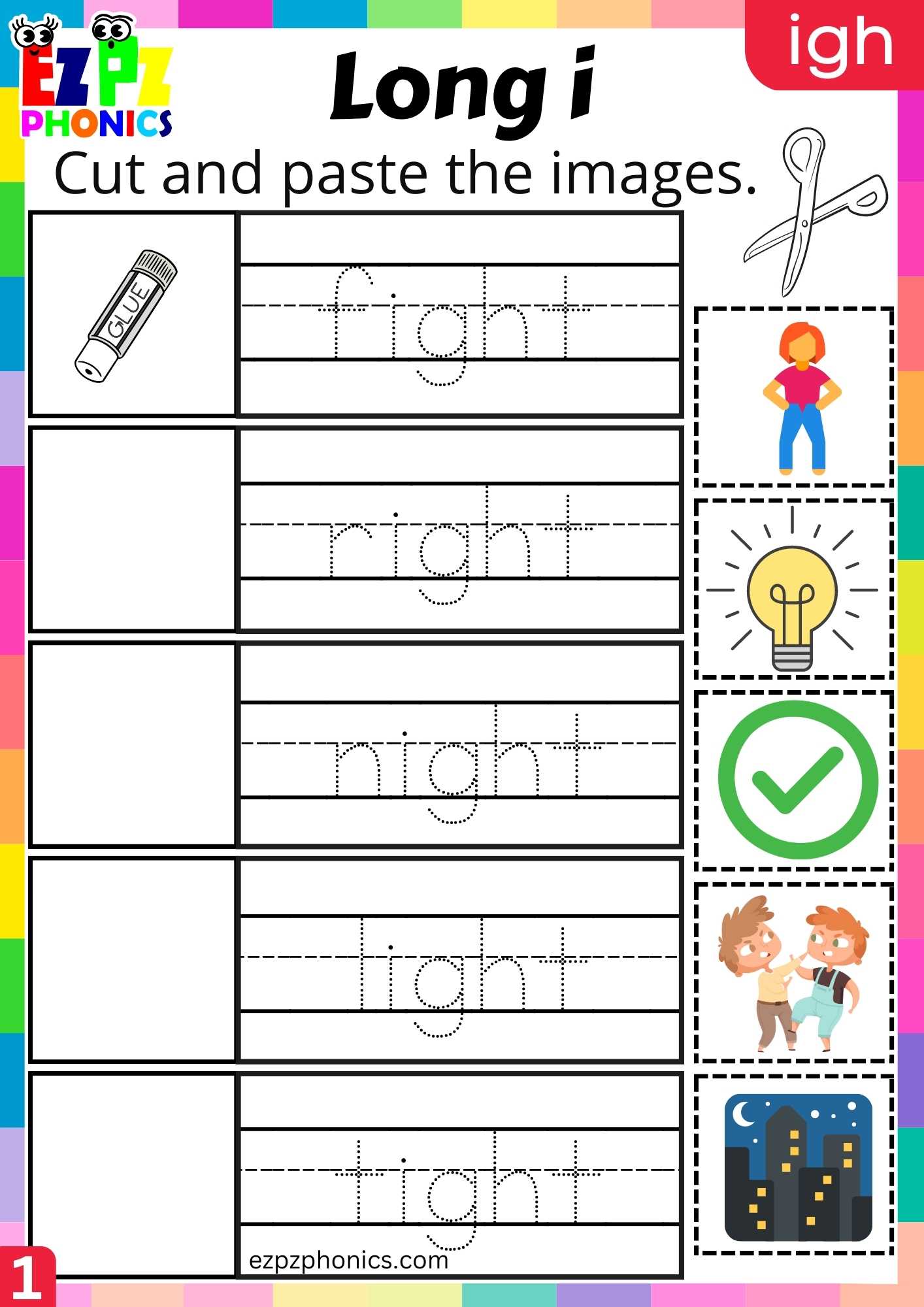 IGH Words Cut And Paste The Images Long I Phonics Worksheet ...