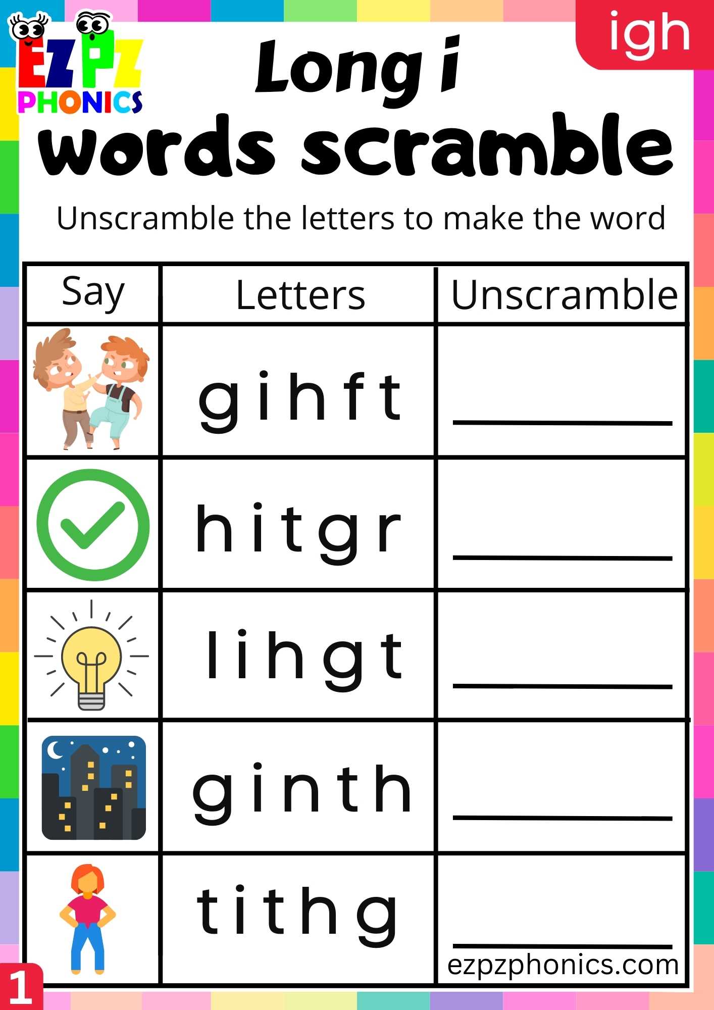 IGH Words Words Scramble Long I Phonics Worksheet - ezpzphonics.com