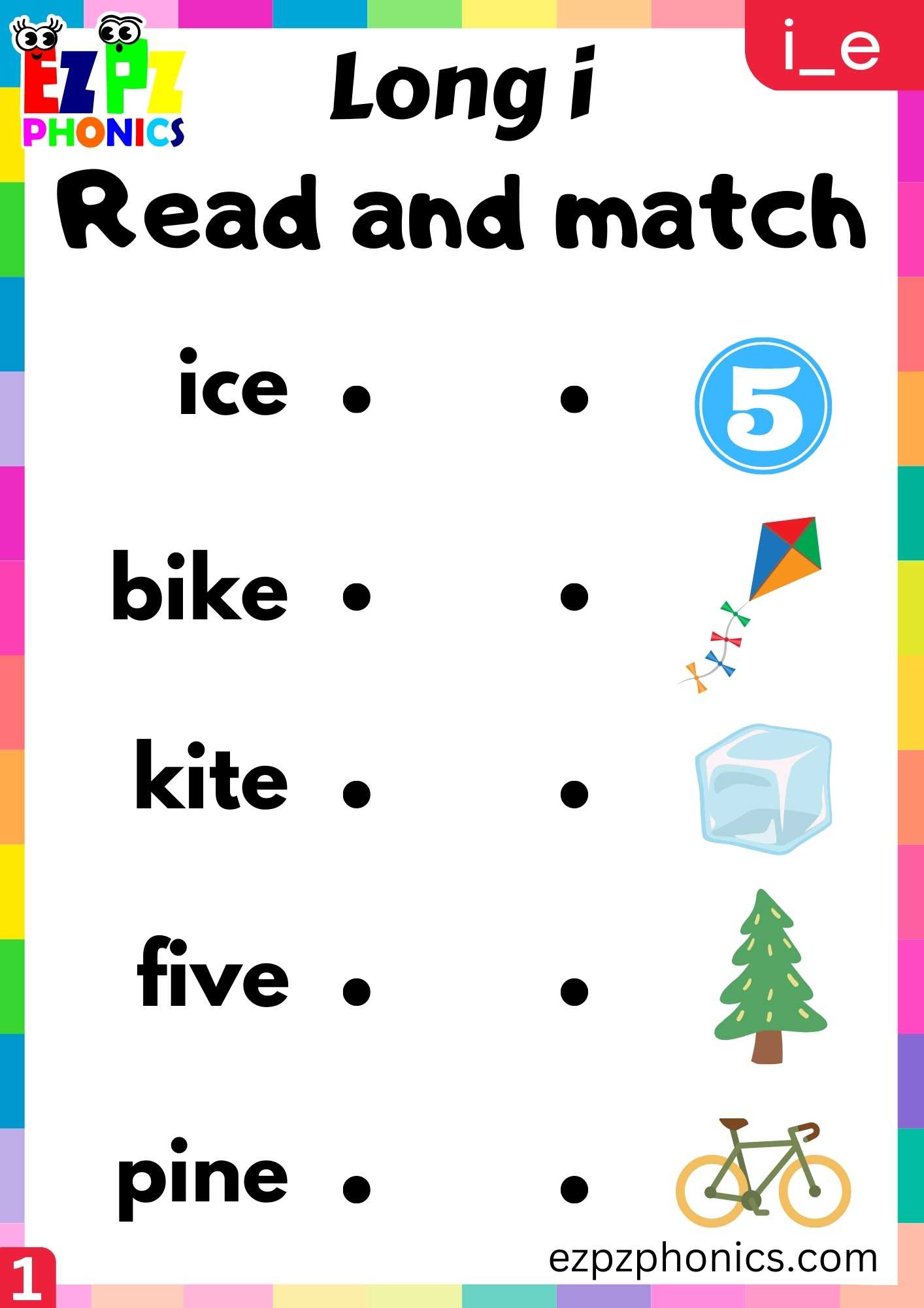 Group1 I_E Words Read And Match Long I Phonics Worksheet - ezpzphonics.com
