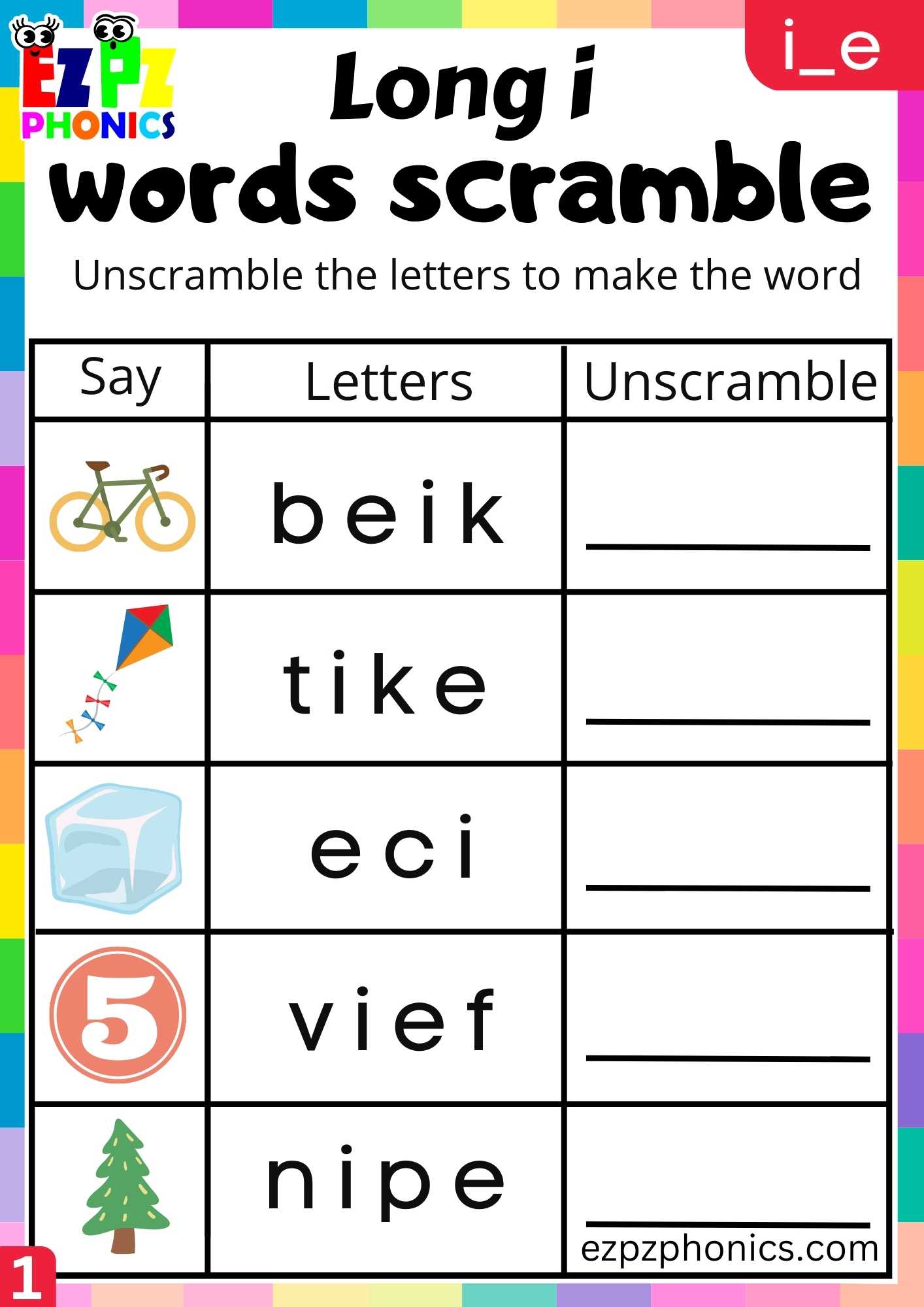 Group1 I_E Words Words Scramble Long I Phonics Worksheet - ezpzphonics.com