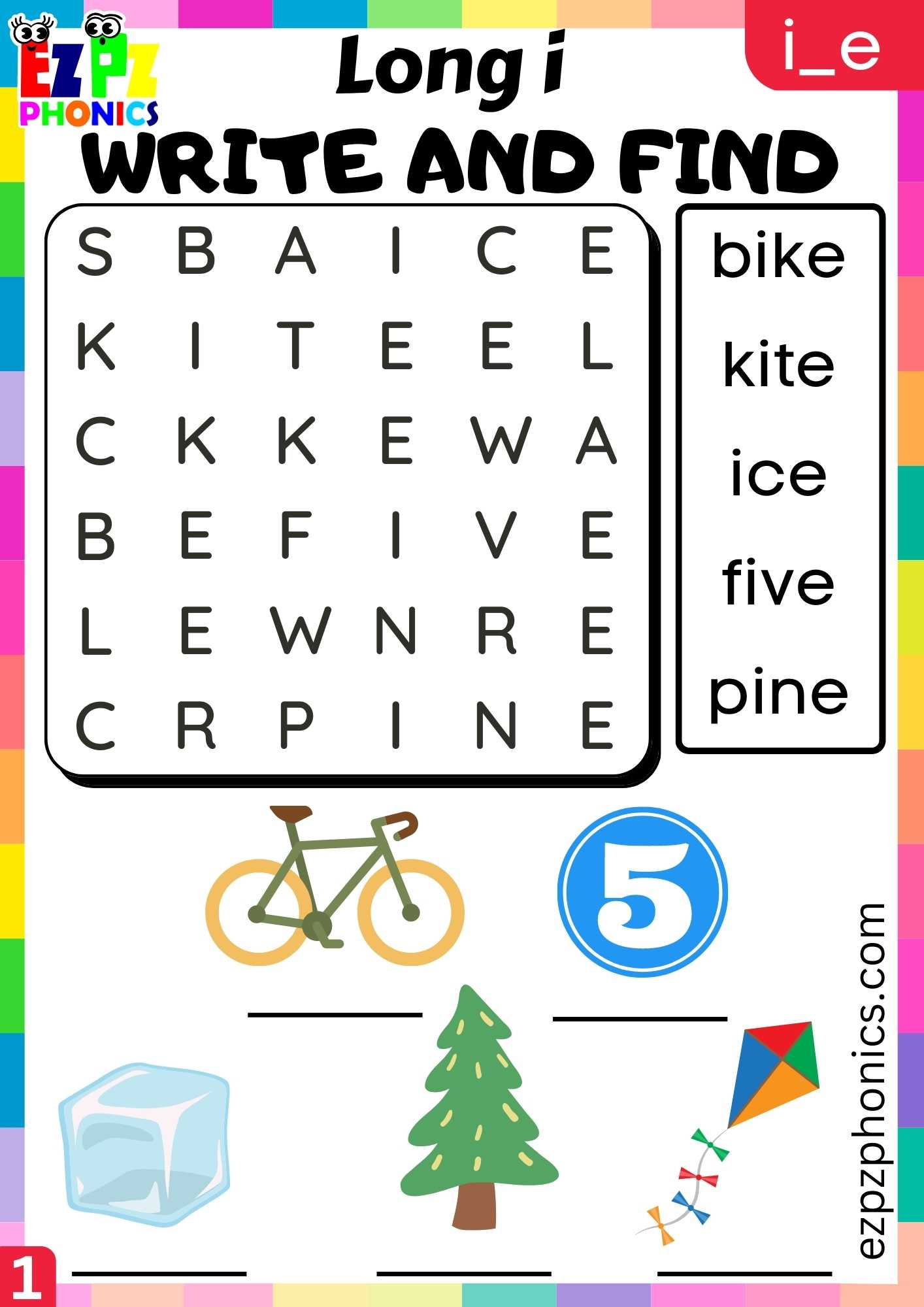 Group1 I_E Words Write And Find Long I Phonics Worksheet - ezpzphonics.com