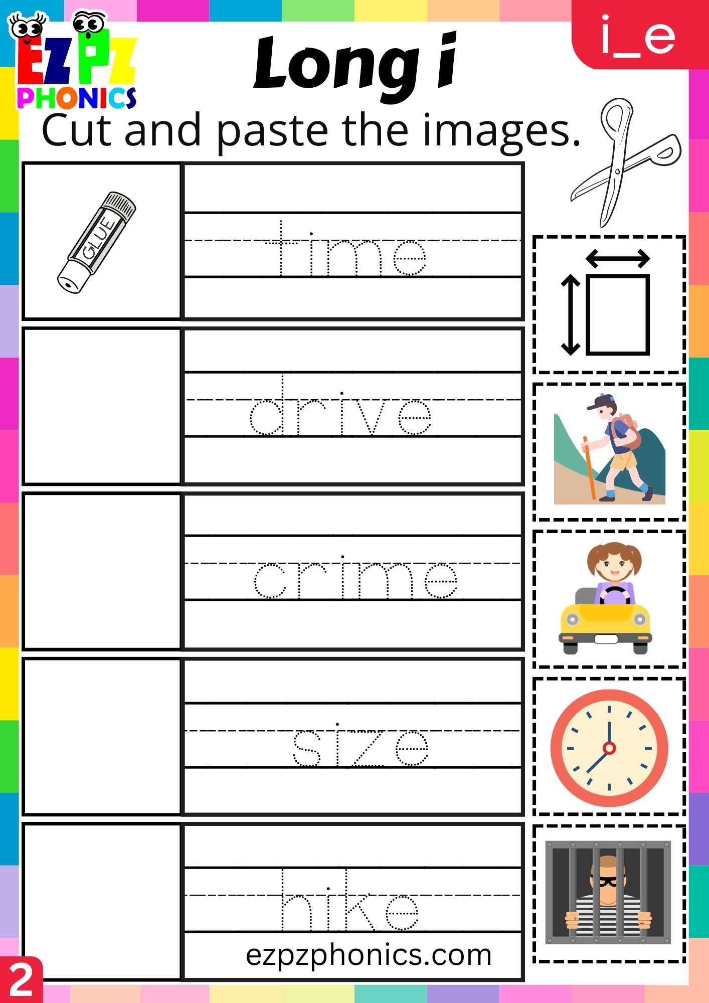Group2 I_E Words Cut And Paste The Images Long I Phonics Worksheet ...