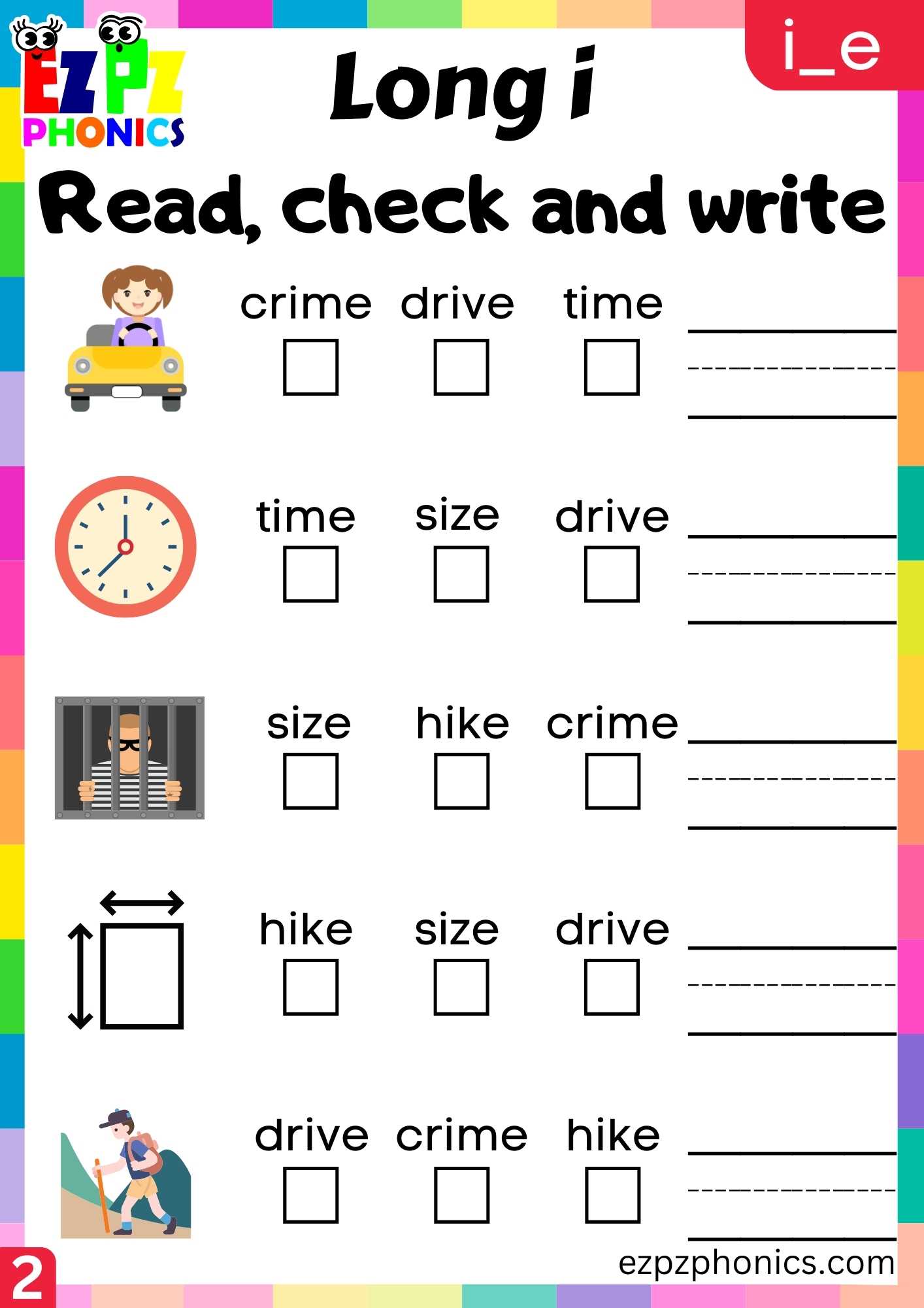 Group2 I_E Words Read, Check And Write Long I Phonics Worksheet ...